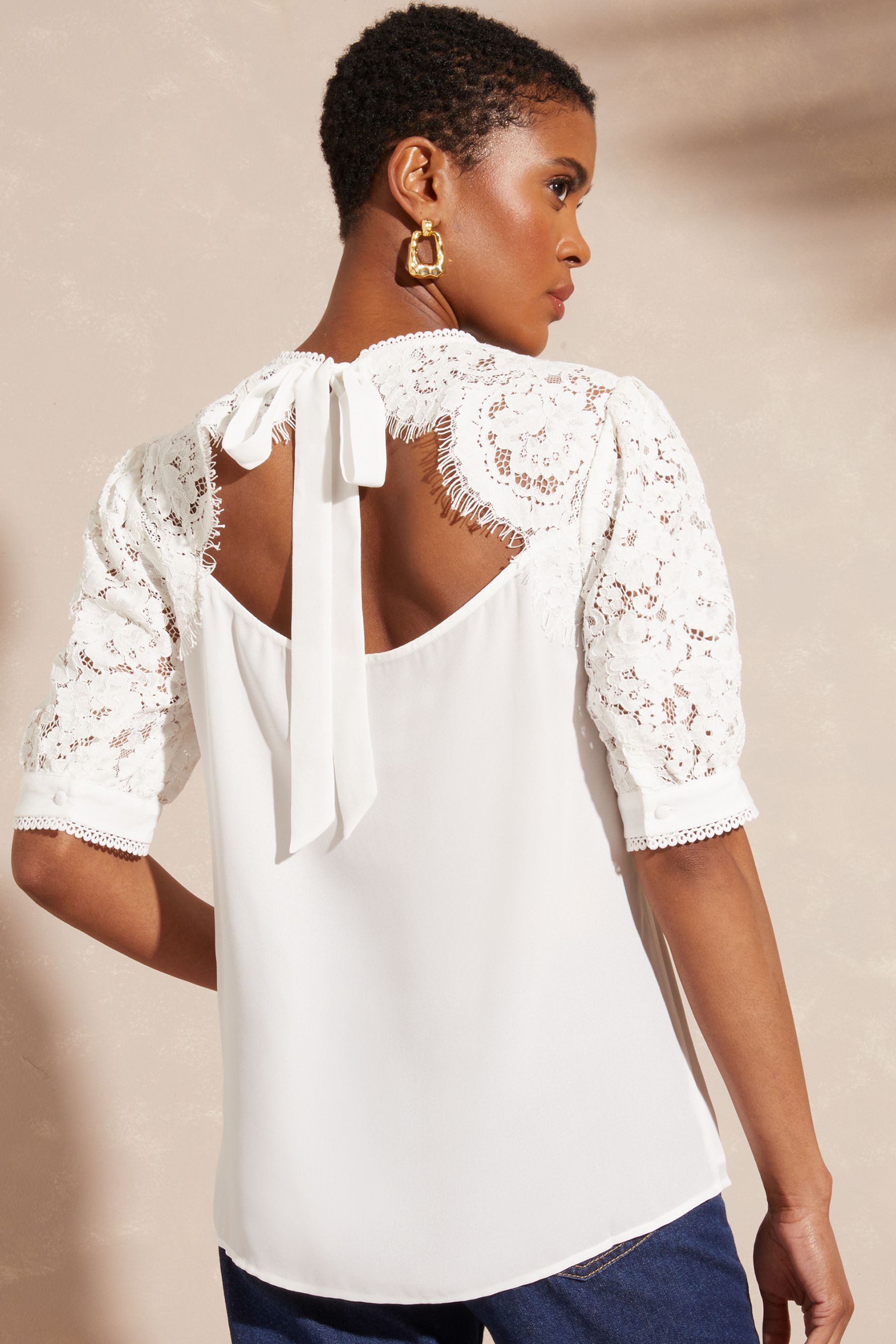 Buy Love And Roses Ivory Short Sleeve Lace Trim Bow Back Blouse From Next