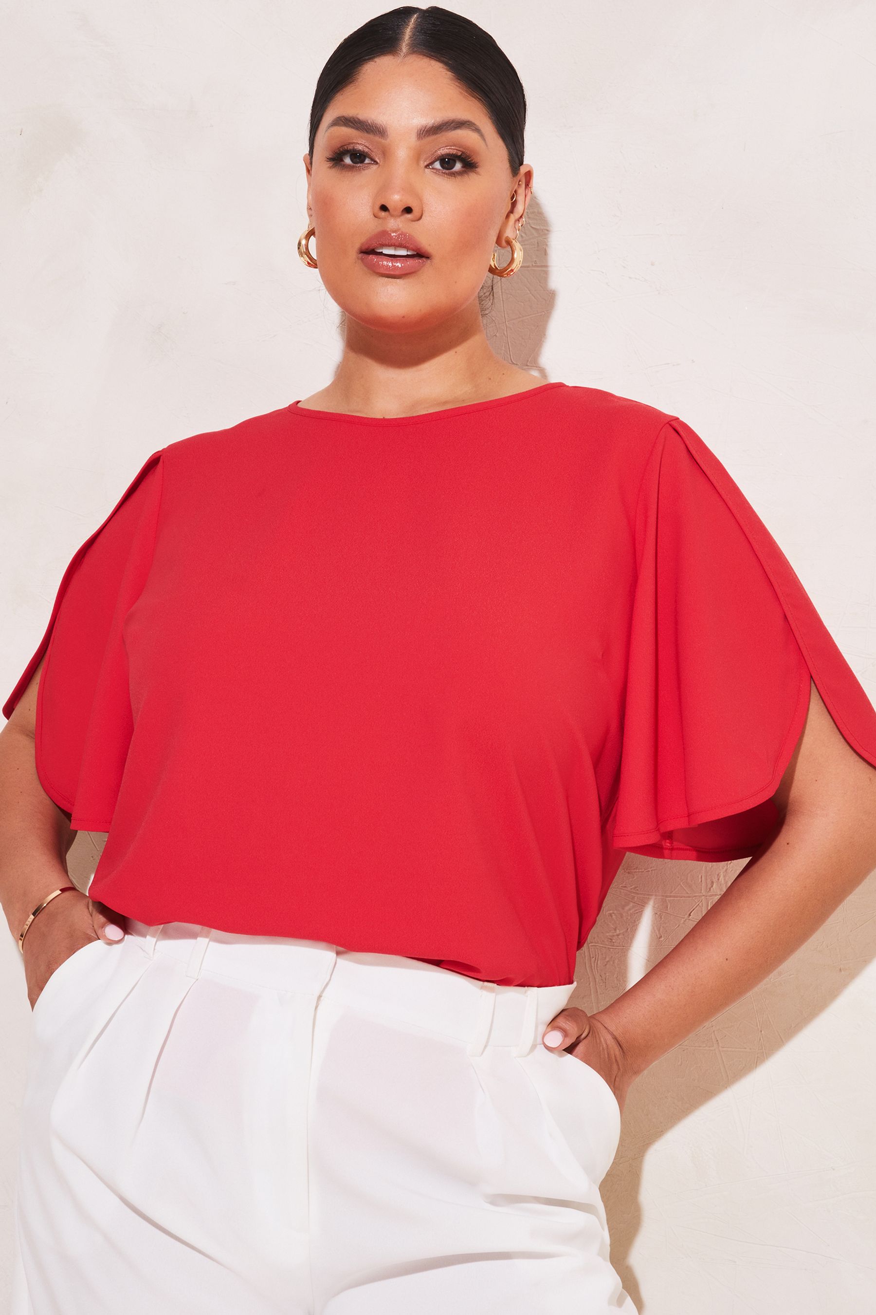 Buy Lipsy Red Curve Split Flute Sleeve Round Neck Top From Next Ireland