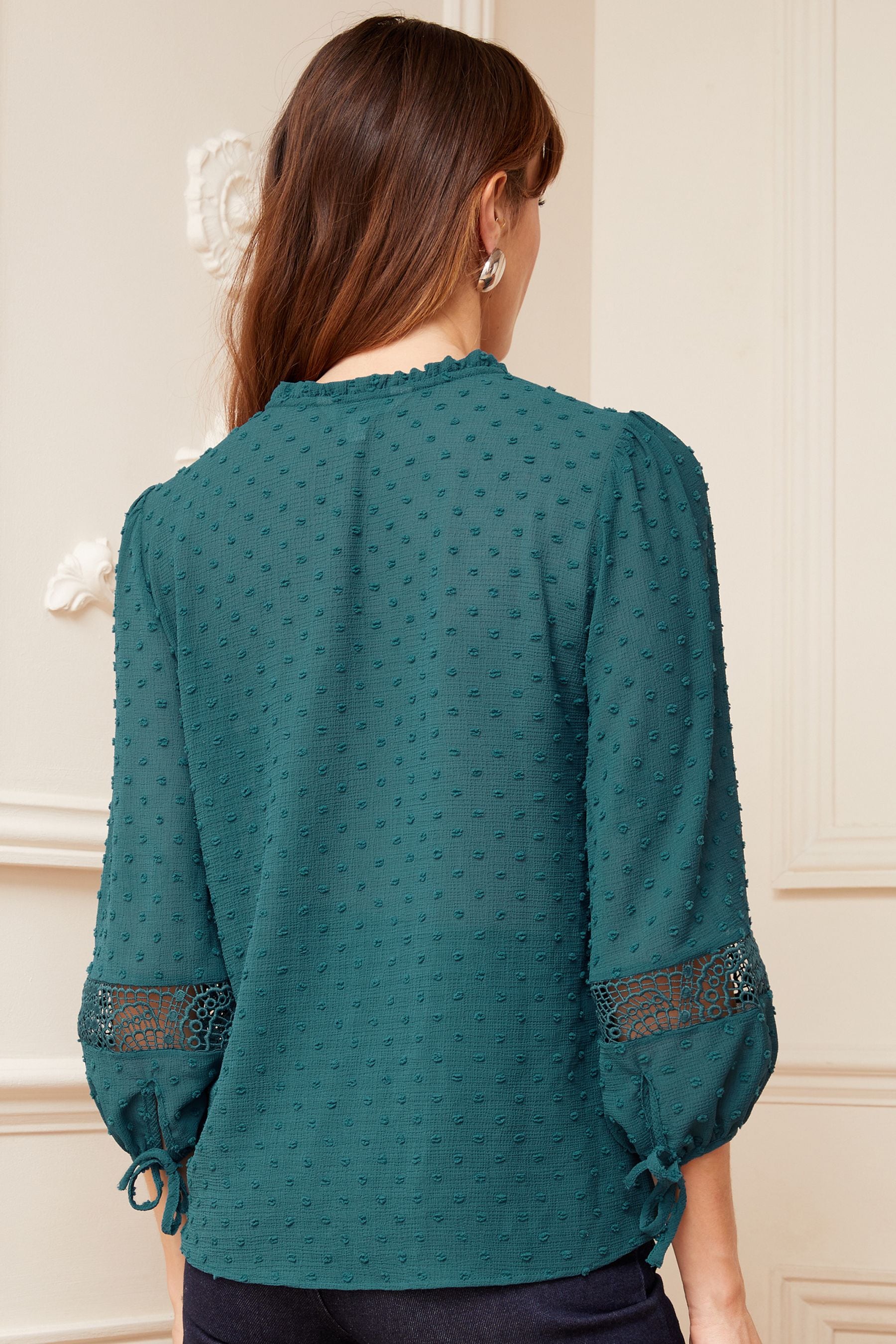 Buy Love And Roses Green Ruffle Neck Lace Trim Tie Cuff 3 4 Sleeve Dobby