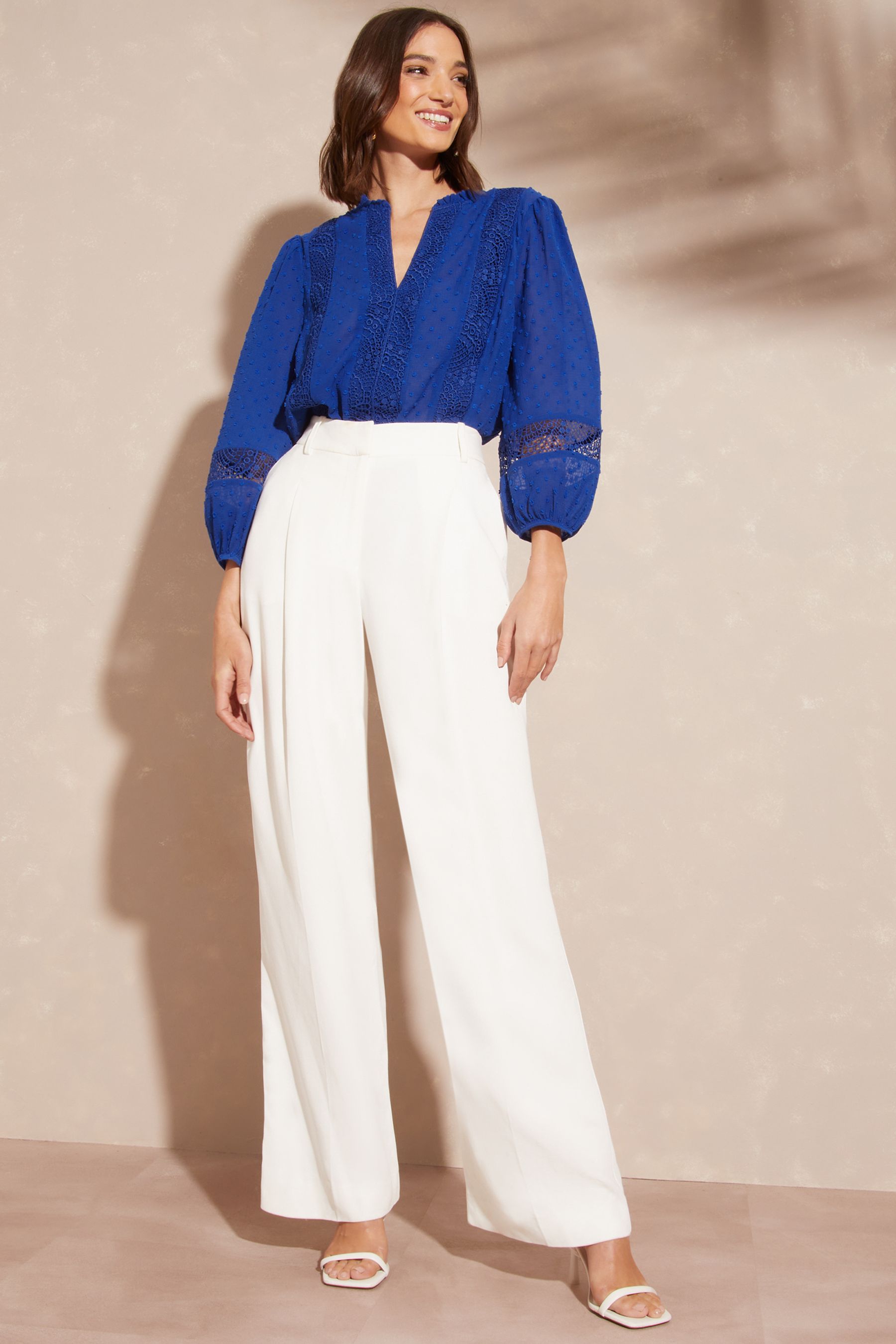 Buy Love & Roses Cobalt Blue Petite Ruffle Neck Lace Trim Tie Cuff 3/4 ...