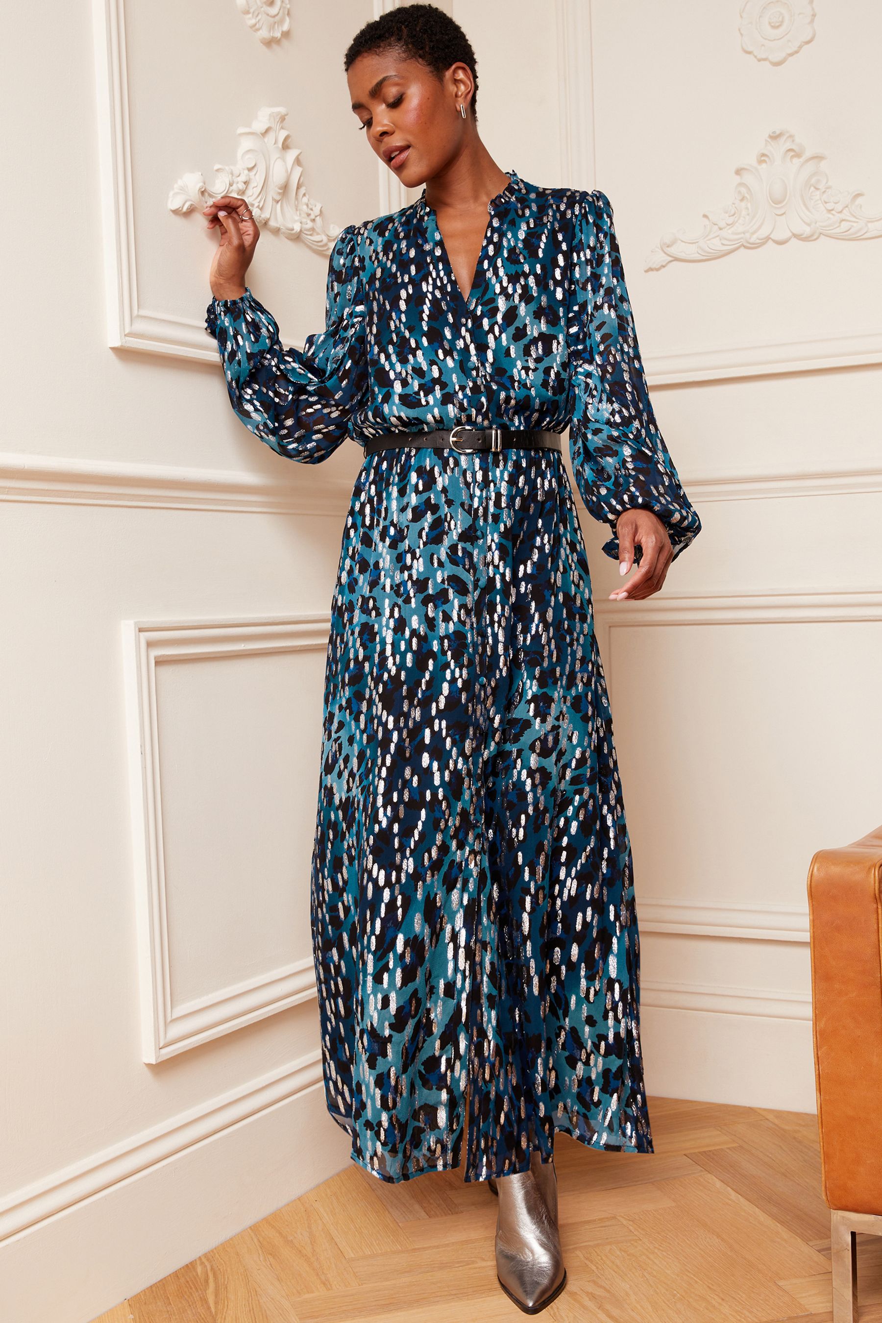 Buy Love & Roses Blue Animal Metallic Printed V Neck Belted Long Sleeve ...