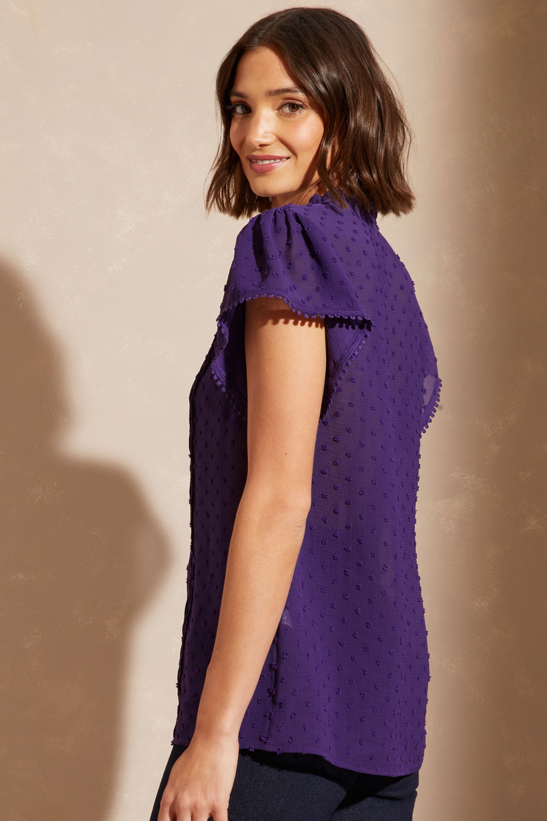 Buy Love And Roses Purple Dobby Spot Ruffle V Neck Flutter Sleeve Blouse