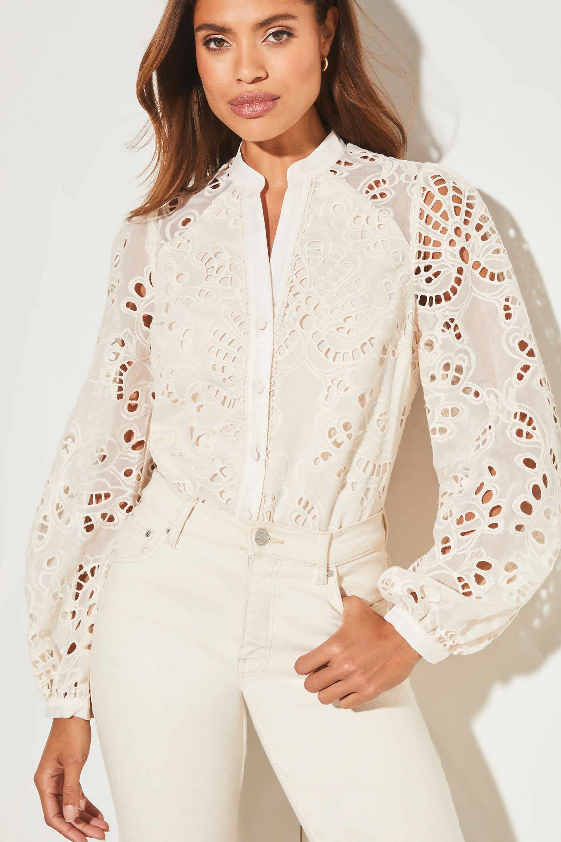 Buy Lipsy White Premium Cutwork Lace Grandad Collar Button Through ...