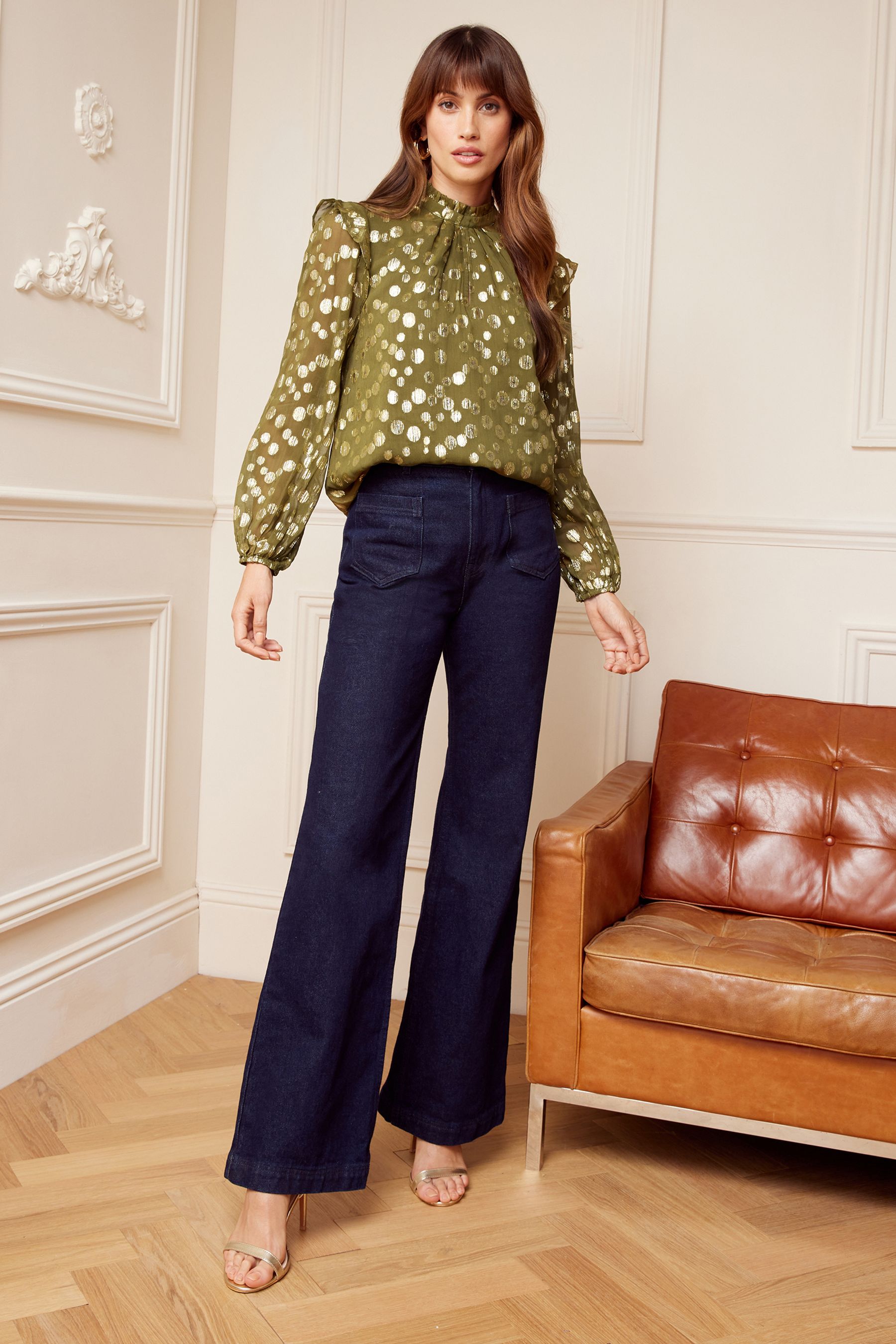 Buy Love & Roses Green Metallic Long Ruffle Sleeve High Neck Blouse ...