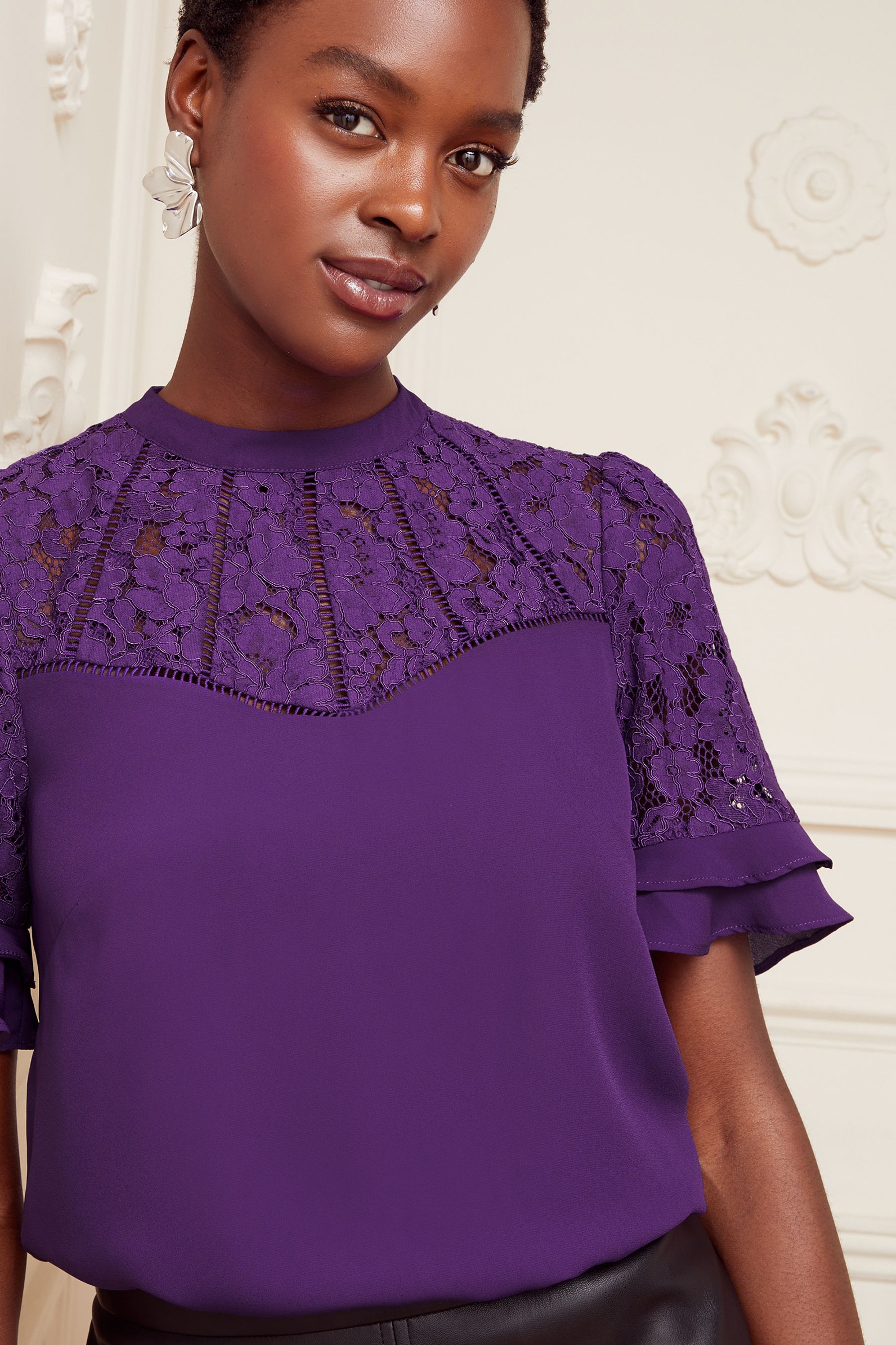 Buy Love & Roses Purple Lace Mix Yoke High Neck Ruffle Sleeve Top from ...