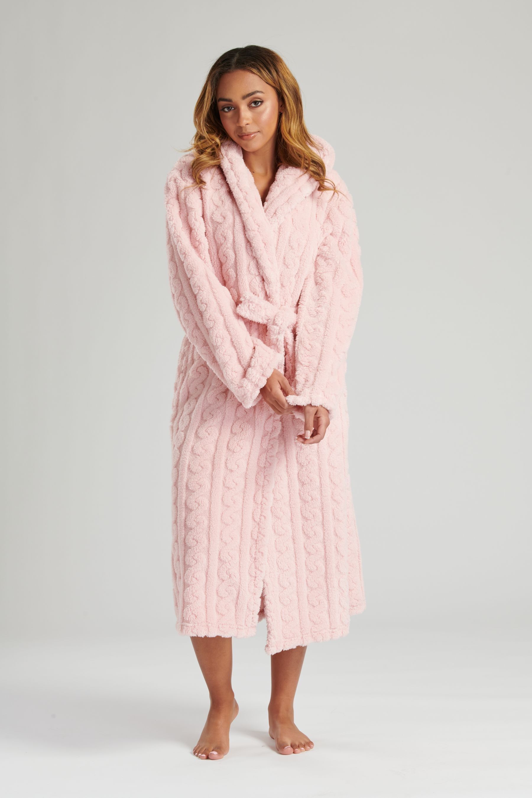 Buy Loungeable Pink Cable Cut Borg Hooded Midi Robe from Next Ireland