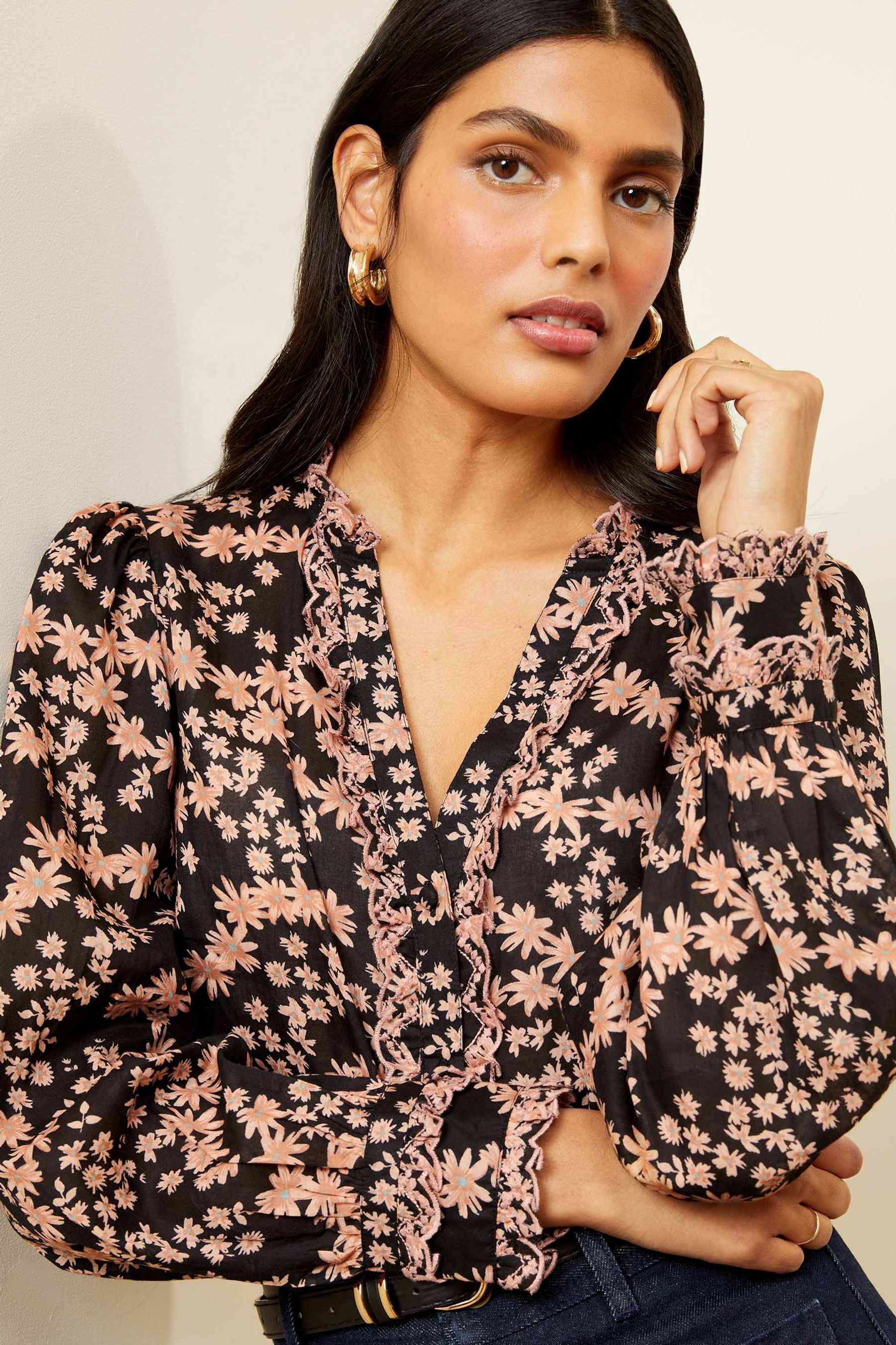 Buy Love And Roses Black Floral Ruffle Trim V Neck Long Sleeve Blouse