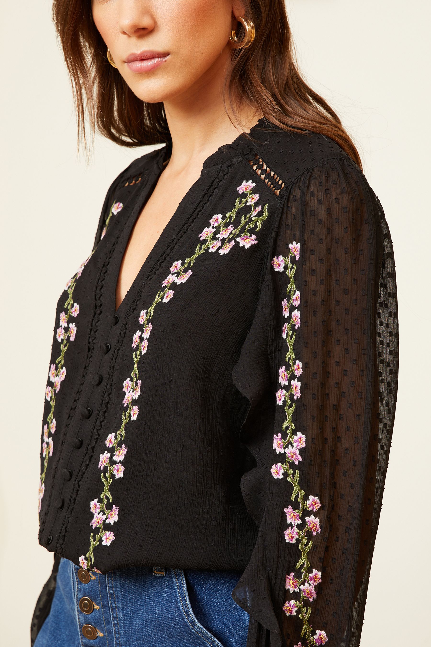 Buy Love & Roses Black Ruffle Trim V Neck Long Sleeve Blouse from the ...