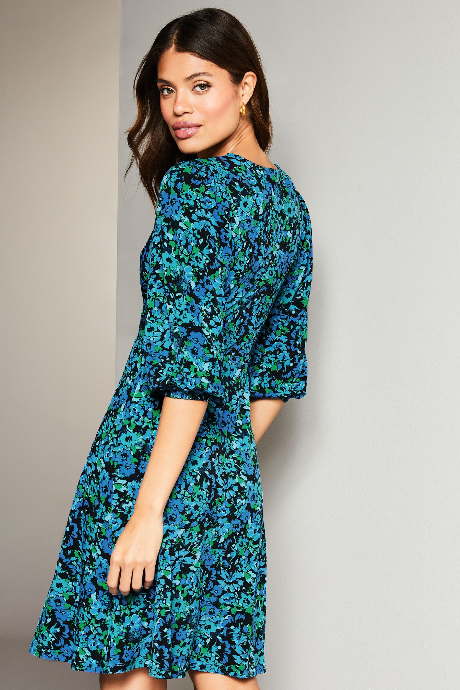 Buy Lipsy Blue Ditsy Floral Jersey Underbust Puff Sleeve Summer Mini