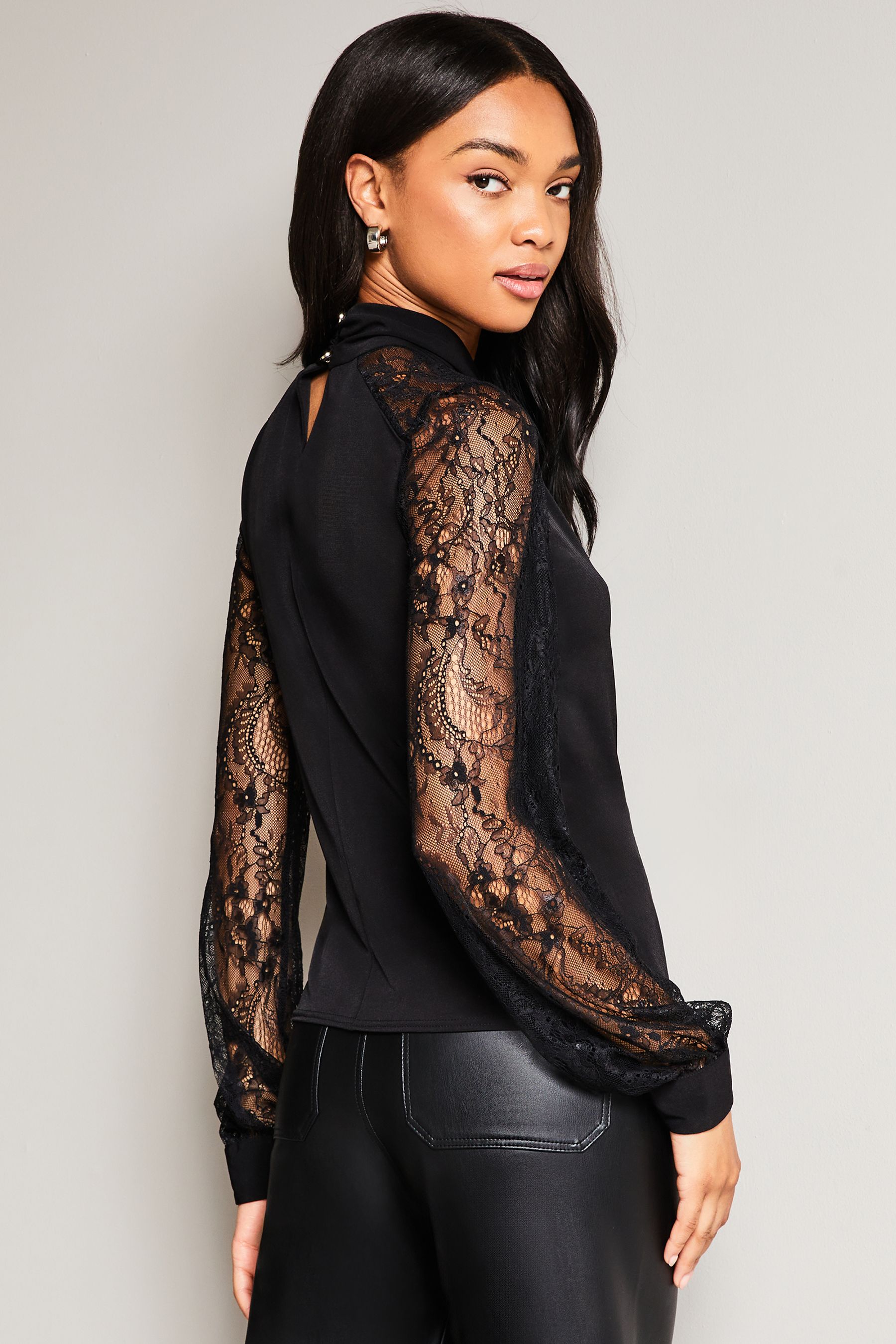 Buy Lipsy Black Keyhole Detail Lace Sleeve Top from the Next UK online shop