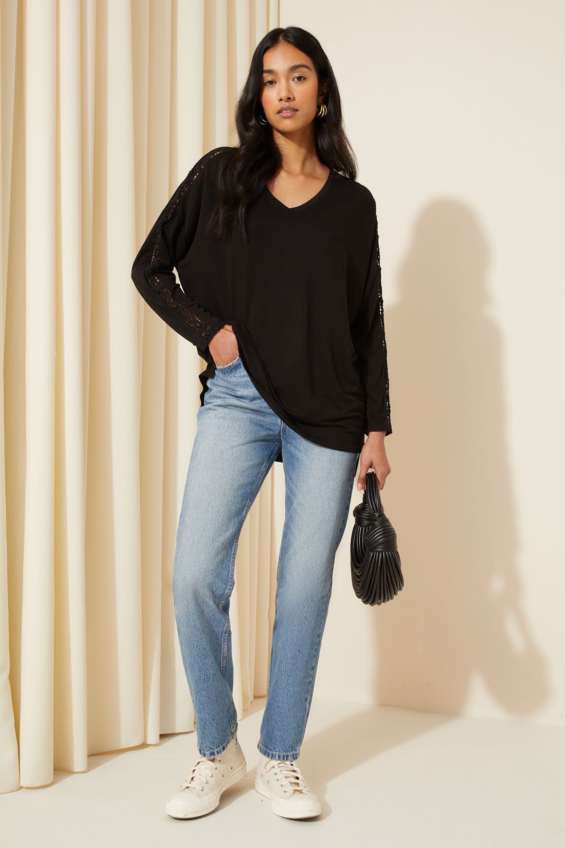 Buy Friends Like These Black Crochet Soft Jersey V Neck Long Sleeve ...