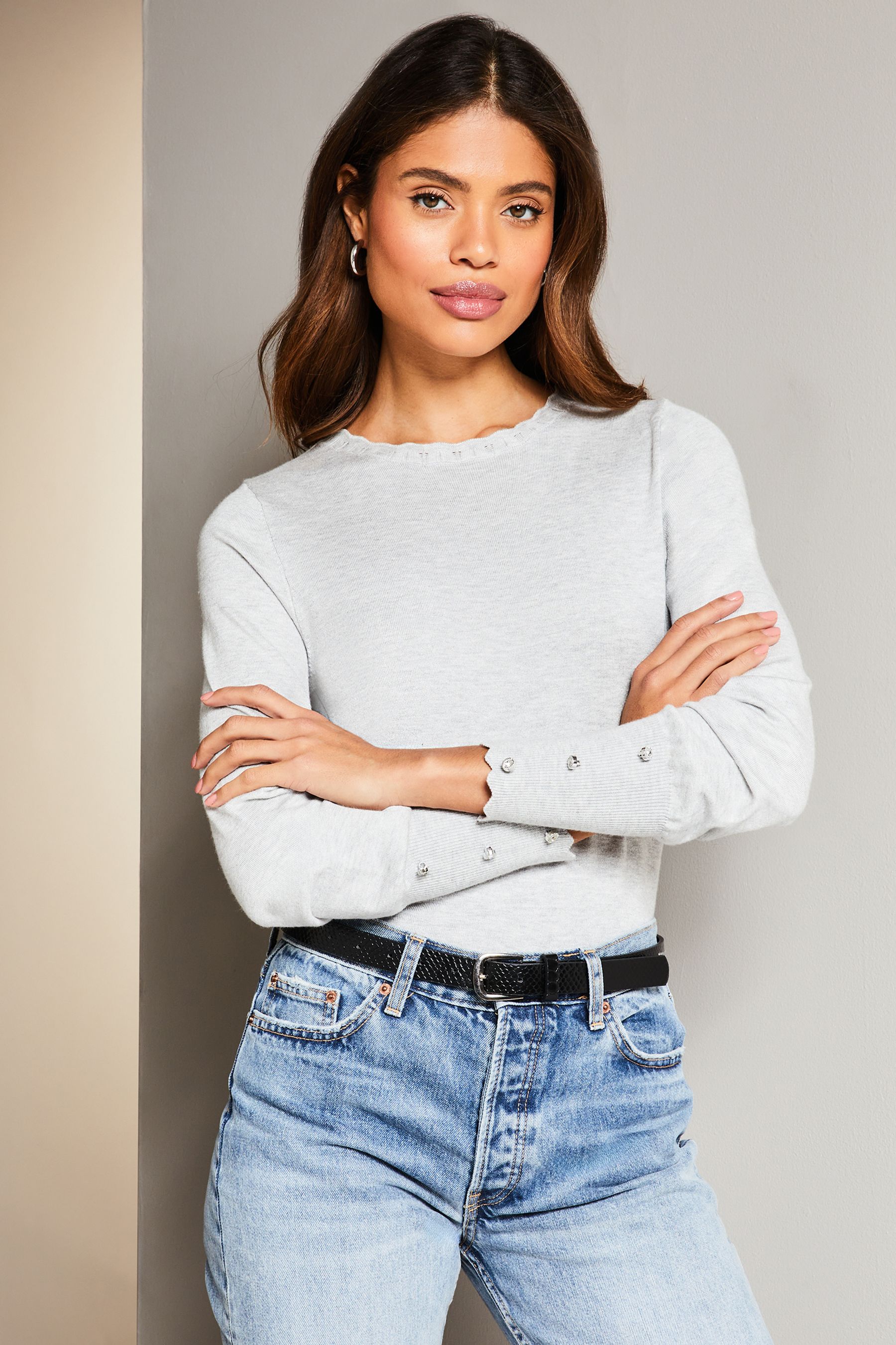 Buy Lipsy Grey Long Sleeve Scallop Detail Knitted Jumper from the Next ...