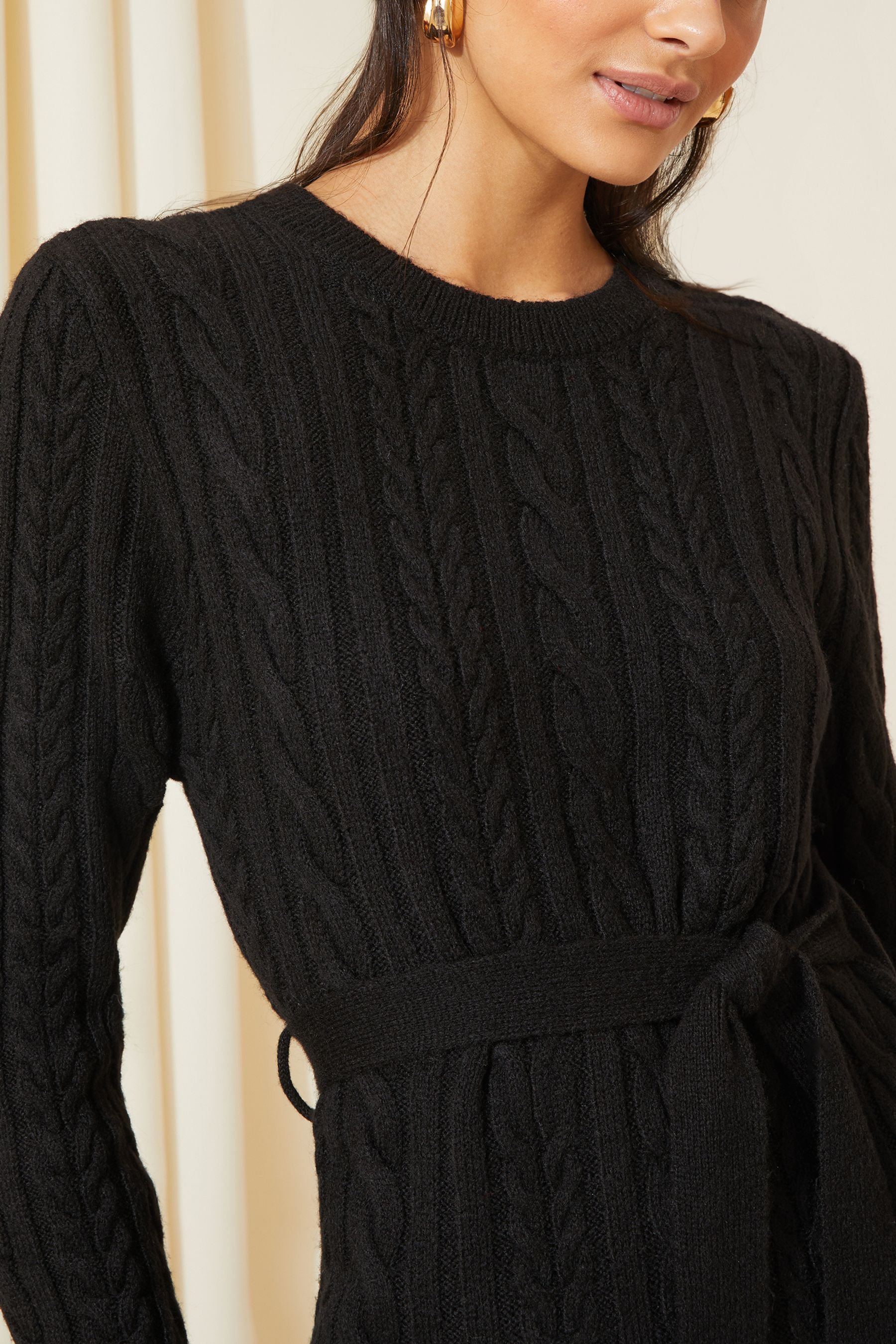 Buy Friends Like These Black Cable Knit Belted Midi Jumper Dress from ...
