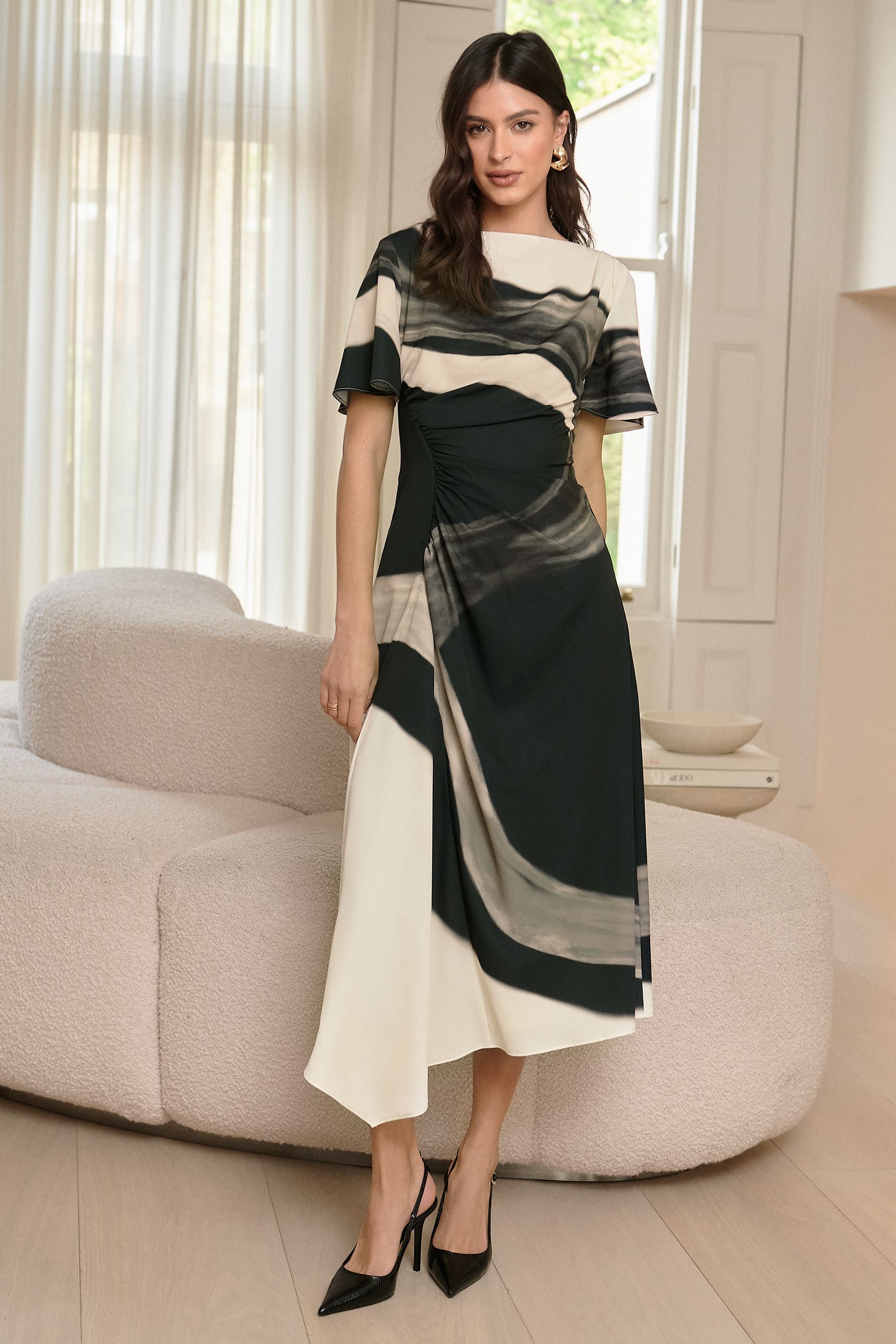 Buy Lipsy Cream and Black Print Ruched Asymmetricalmetrical Flutter ...