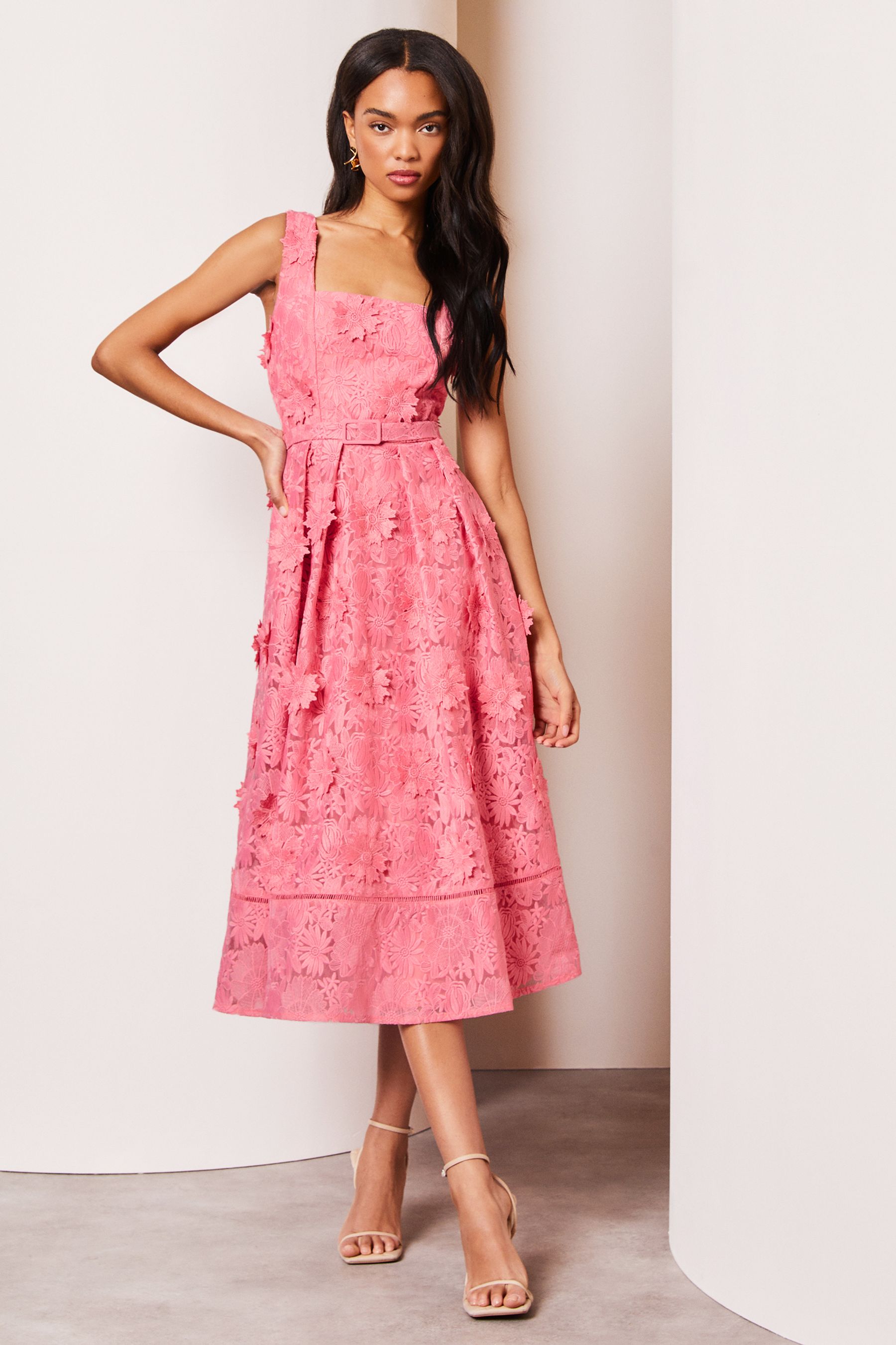 Buy Lipsy Pink Premium 3D Lace Embroidery Floral Midi Prom Dress from ...