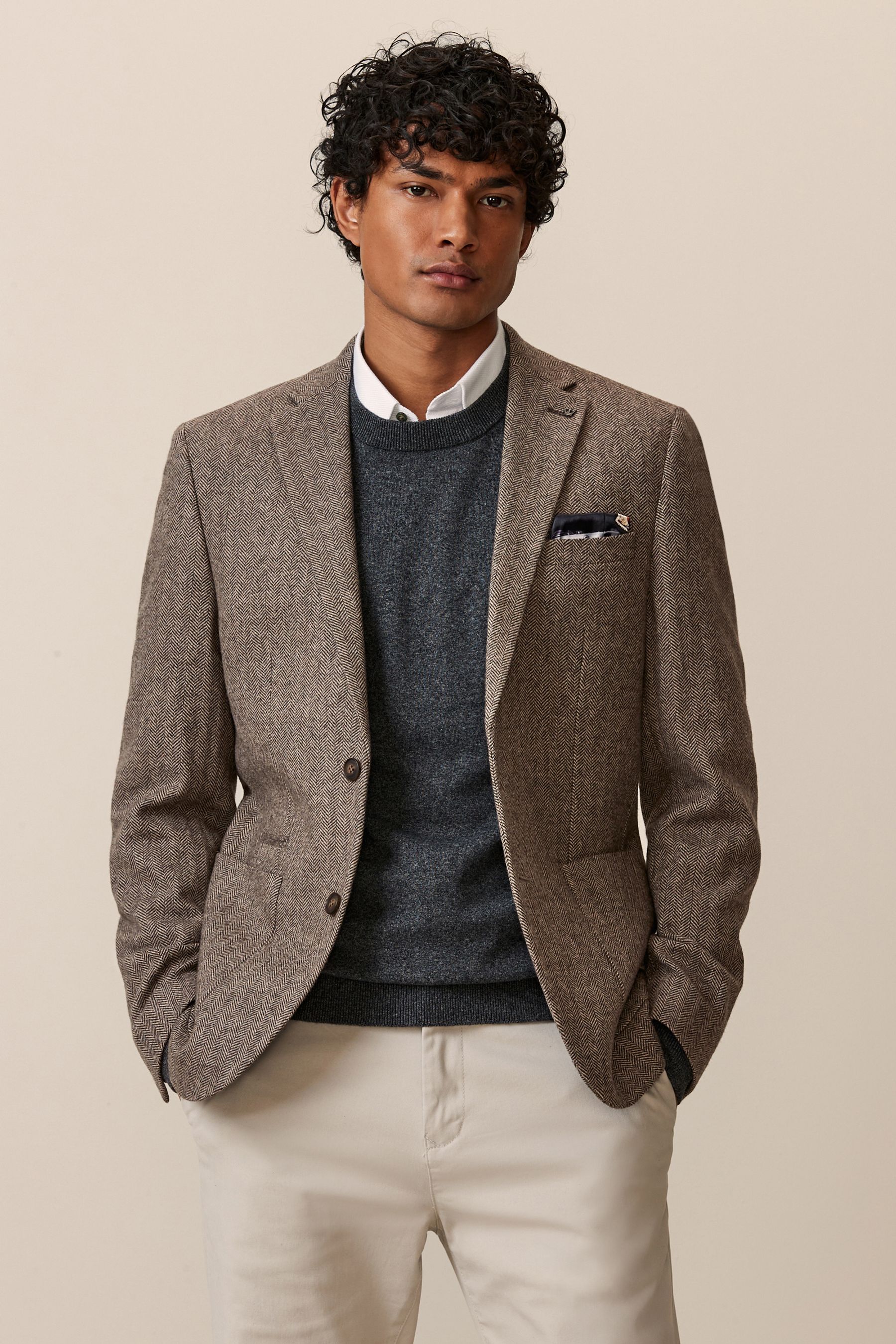 Buy Taupe Regular Fit Wool Rich Herringbone Blazer from Next Ireland