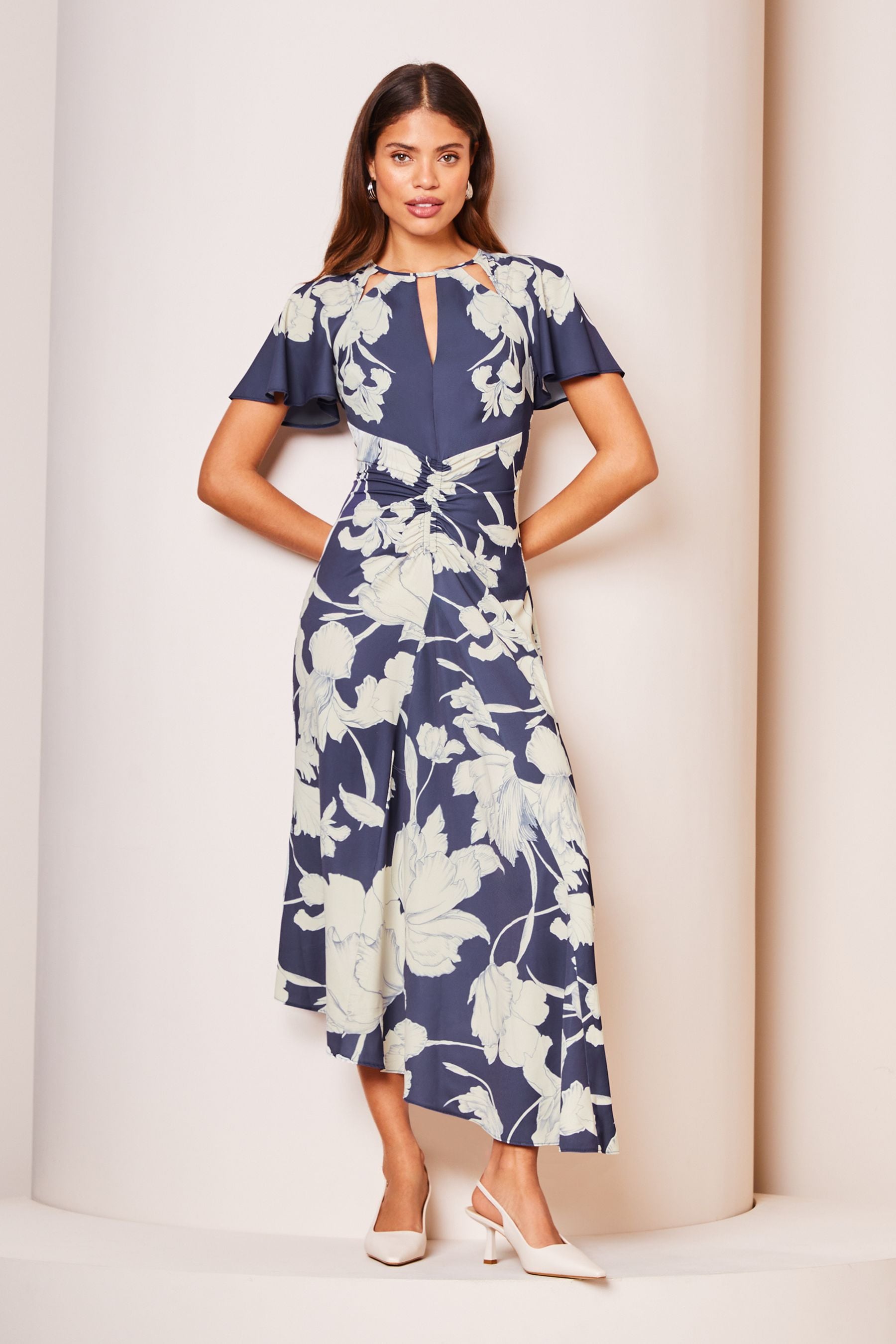 Buy Lipsy Navy Floral Ruched Front Keyhole Cut Out Asymmetrical Midi ...