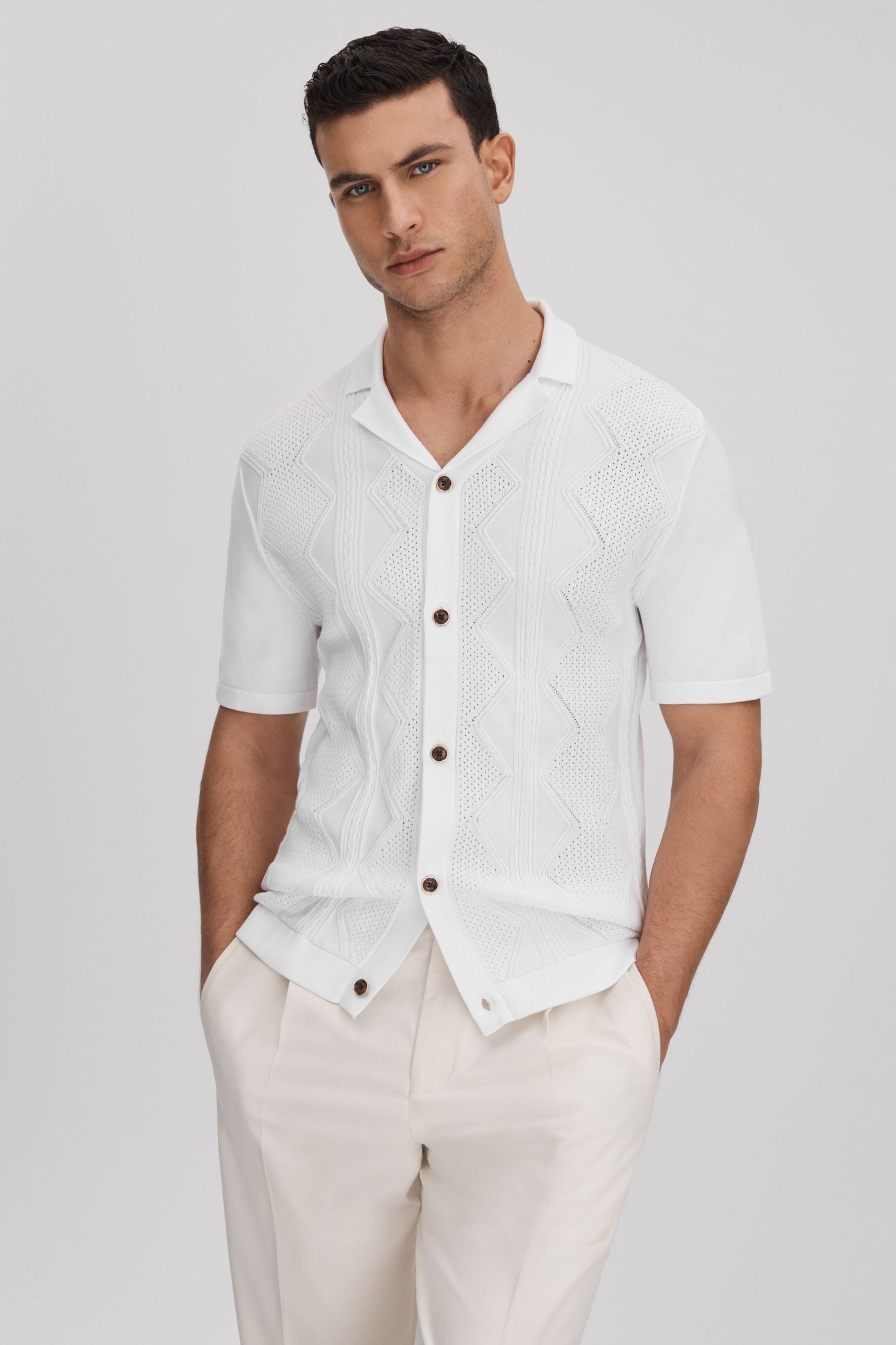 Reiss White Fortune Cable Knit Cuban Collar Shirt | ModeSens