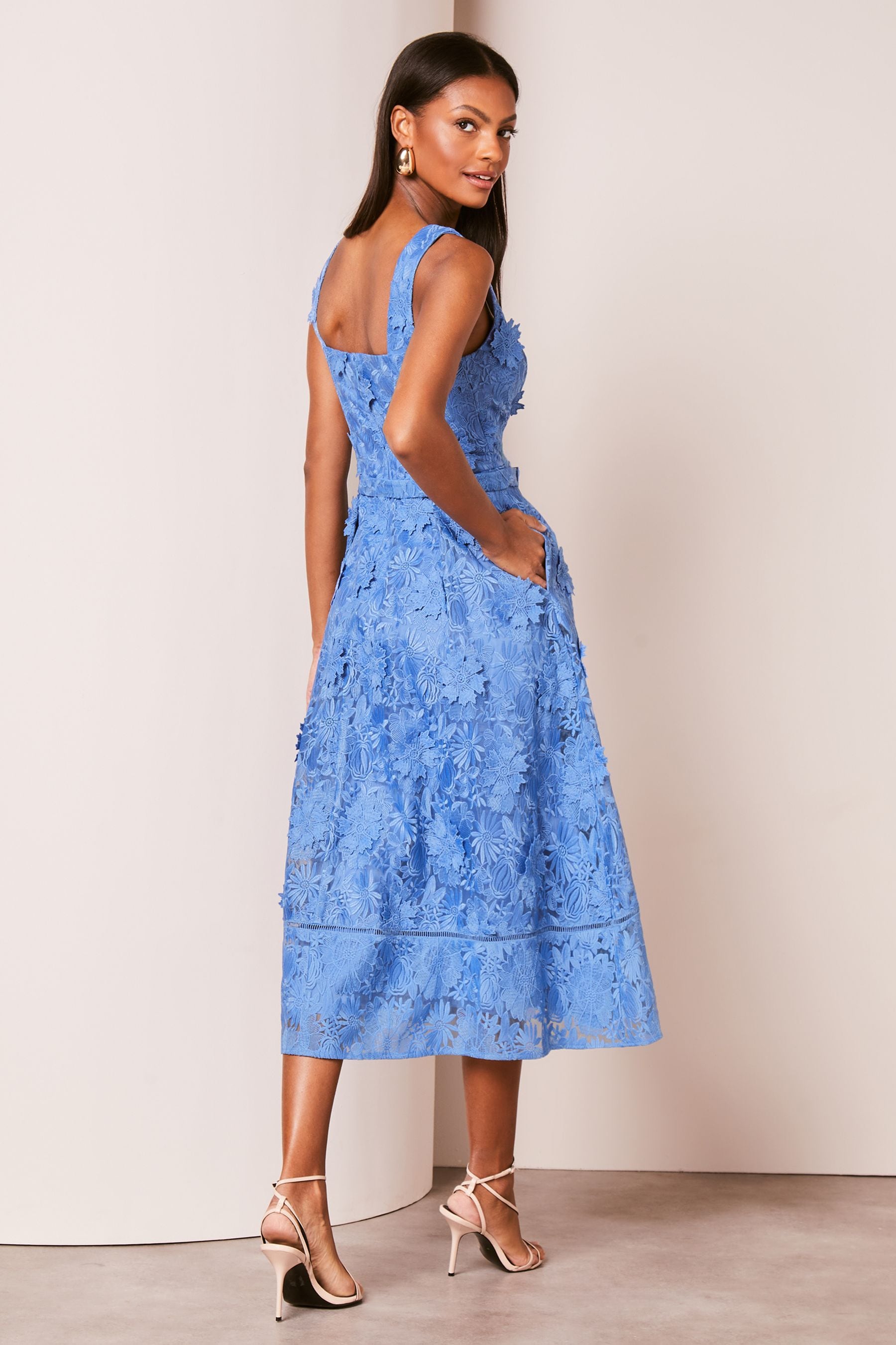 Buy Lipsy Blue Premium 3D Lace Embroidery Floral Midi Prom Dress from ...