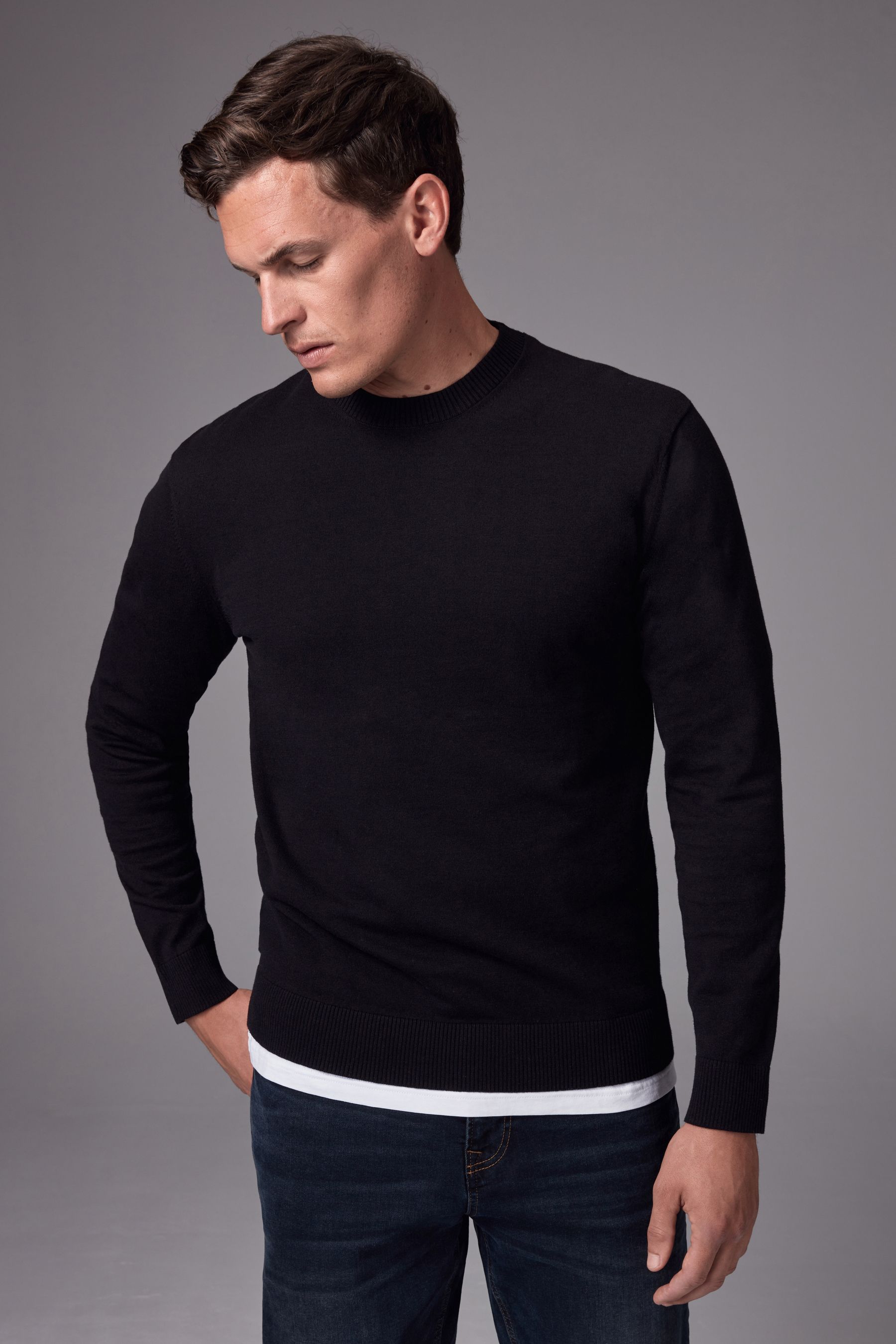 Buy Black Crew Neck Regular Fit Cotton Rich Crew Jumper from the Next ...