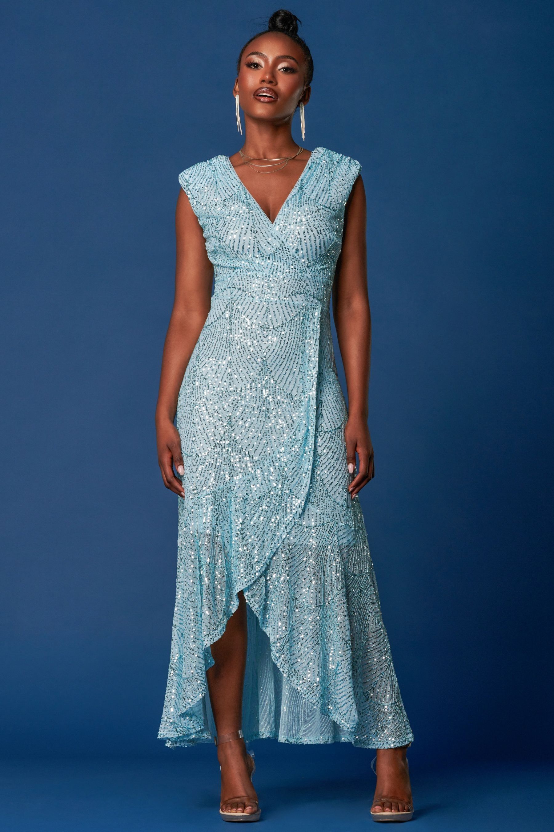 Buy Jolie Moi Light Blue Sequin Wrap Ruffle Hem Maxi Dress from Next ...