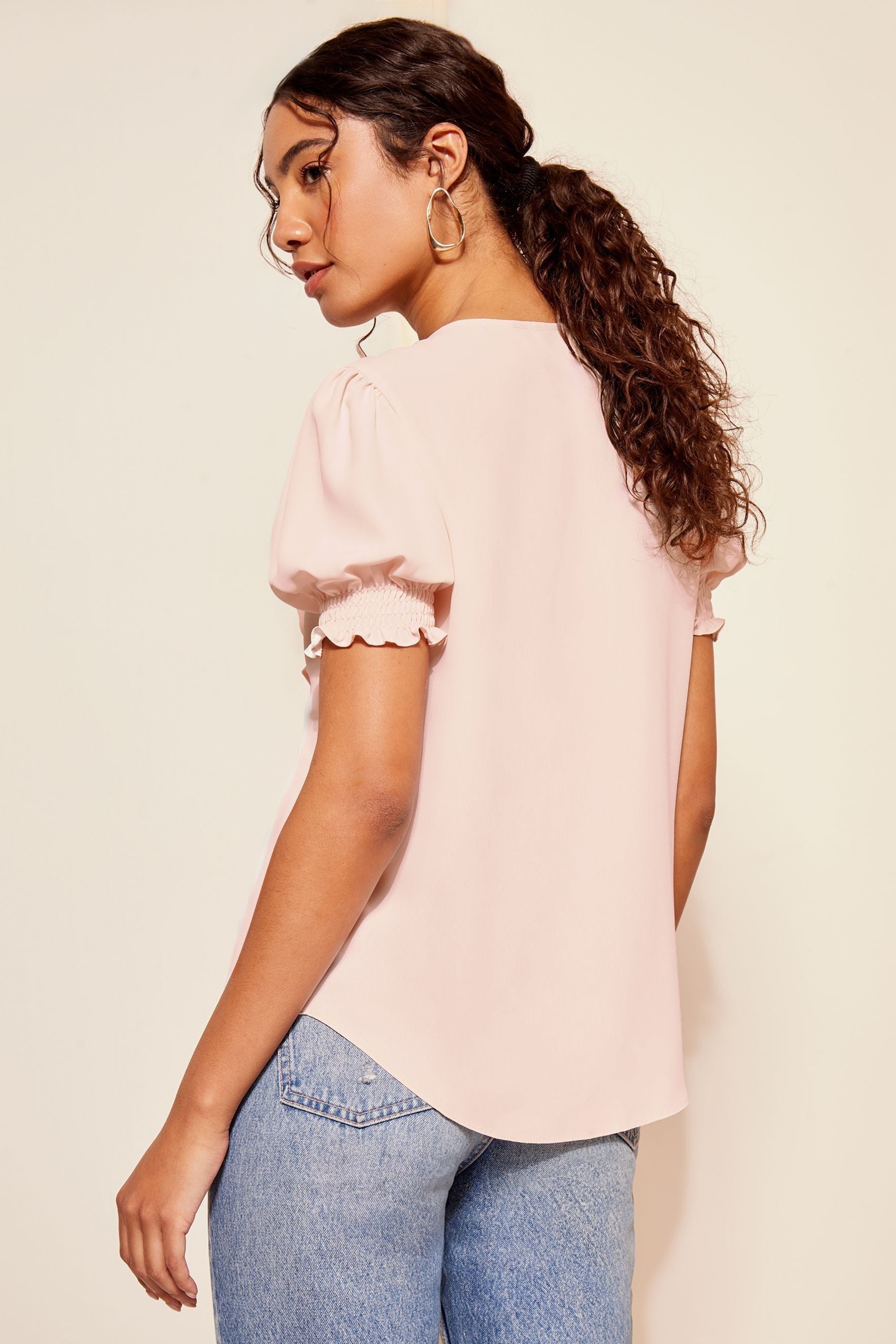 Buy Friends Like These Pink Ruffle Front Puff Sleeve Blouse from the ...