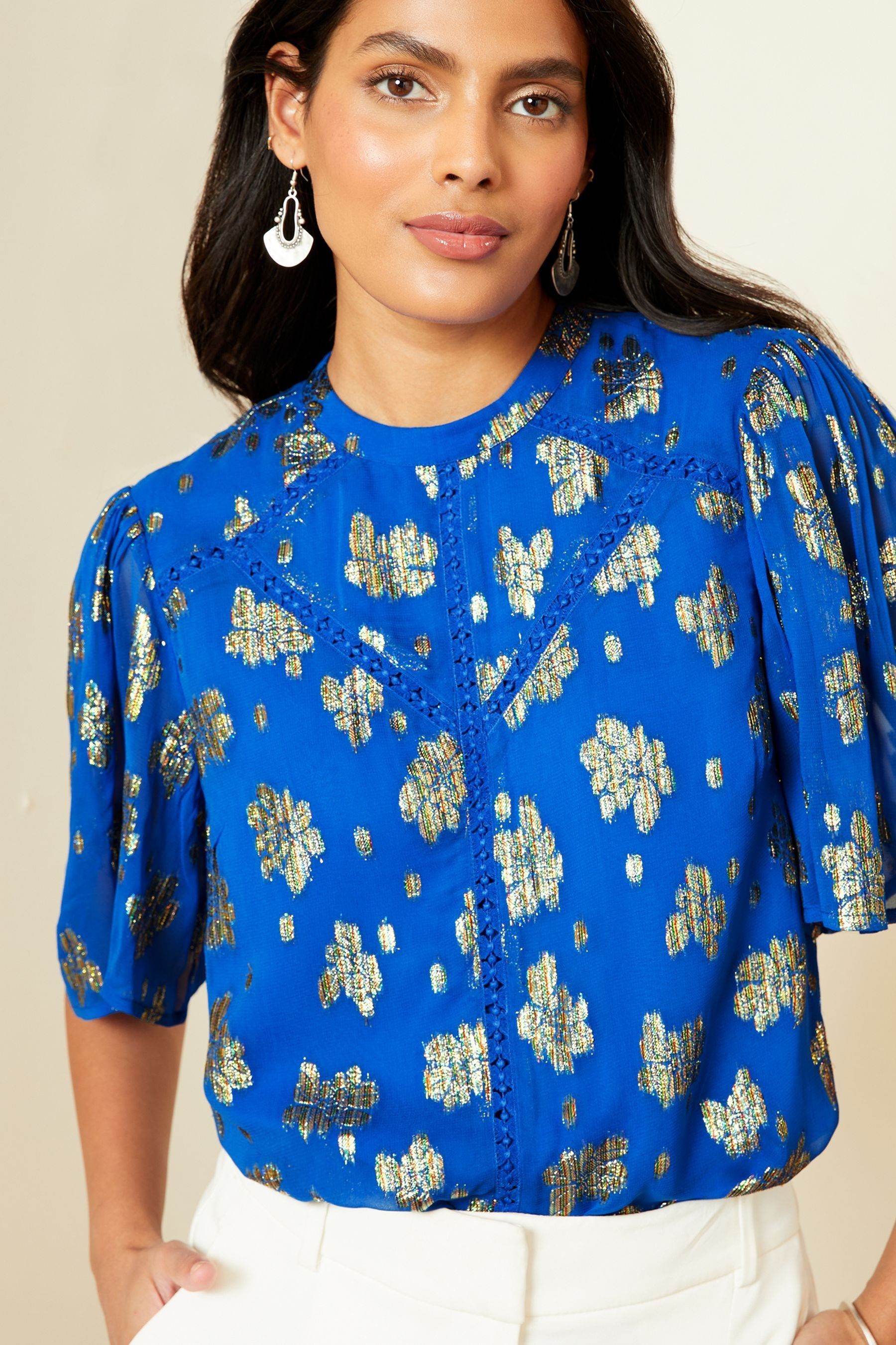 Buy Love & Roses Cobalt Blue Metallic High Neck Flutter Sleeves Top ...