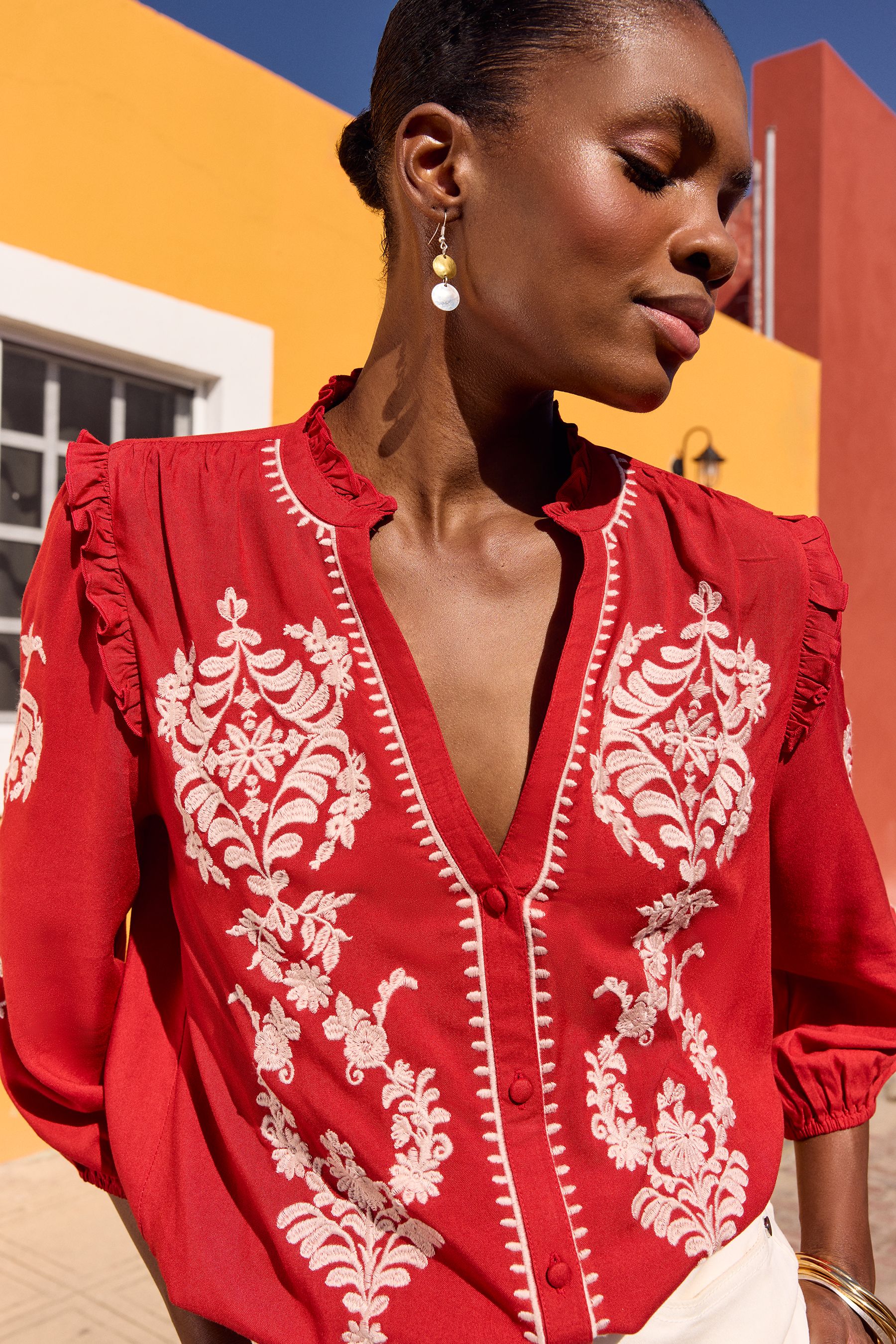 Buy Love & Roses Red Embroidery Embroidered V Neck 3/4 Sleeve Blouse ...