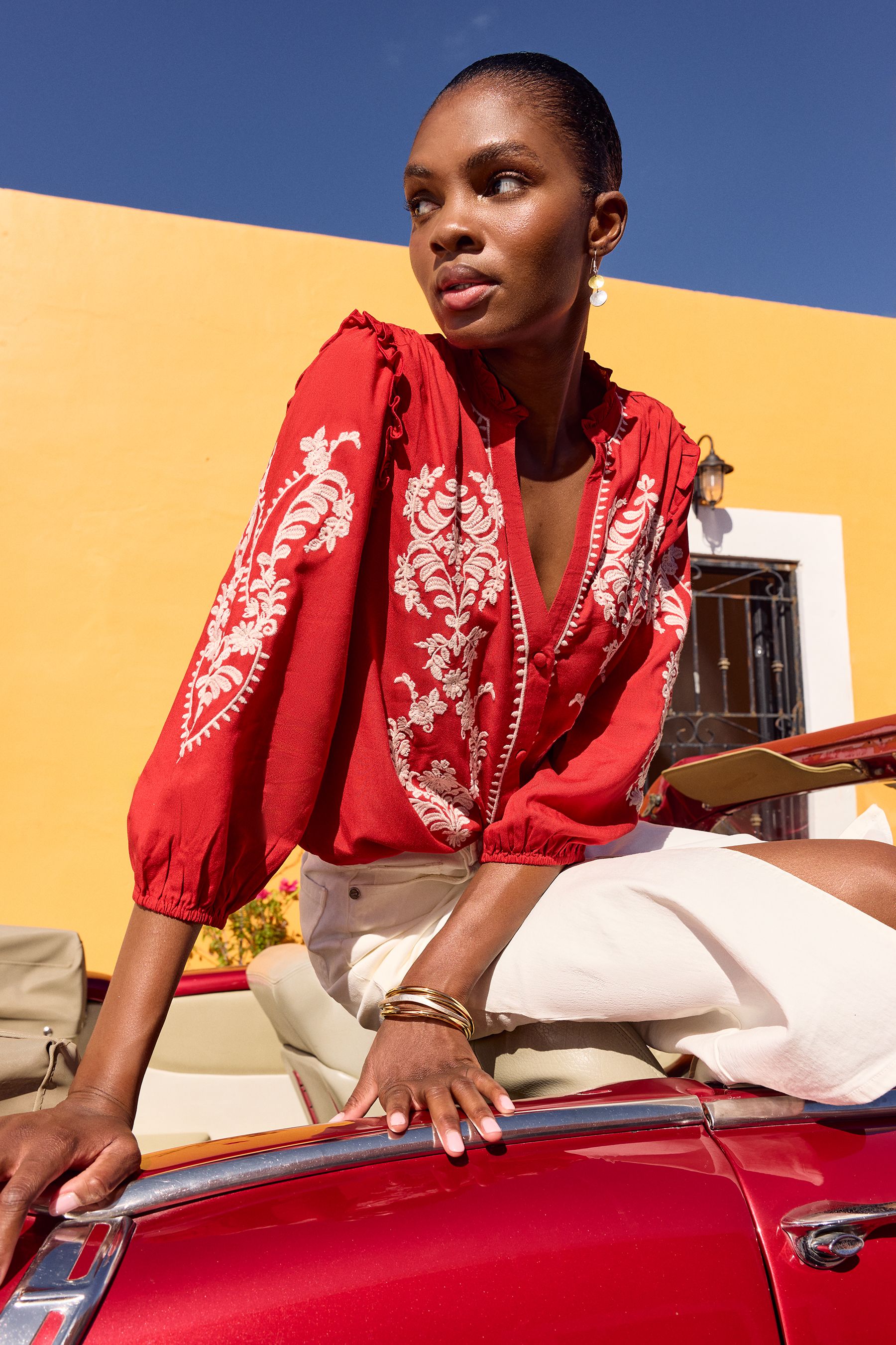 Buy Love & Roses Red Embroidery Embroidered V Neck 3/4 Sleeve Blouse ...