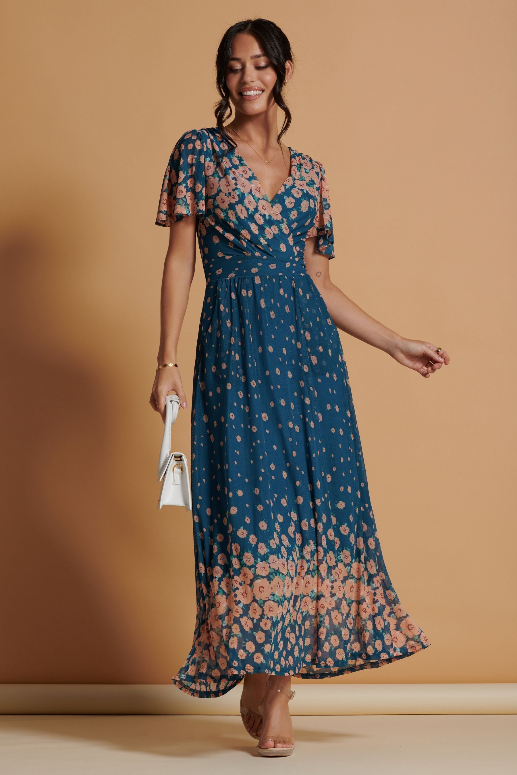 Buy Jolie Moi Blue Mirrored Mesh Angel Sleeve Maxi Dress from Next Ireland
