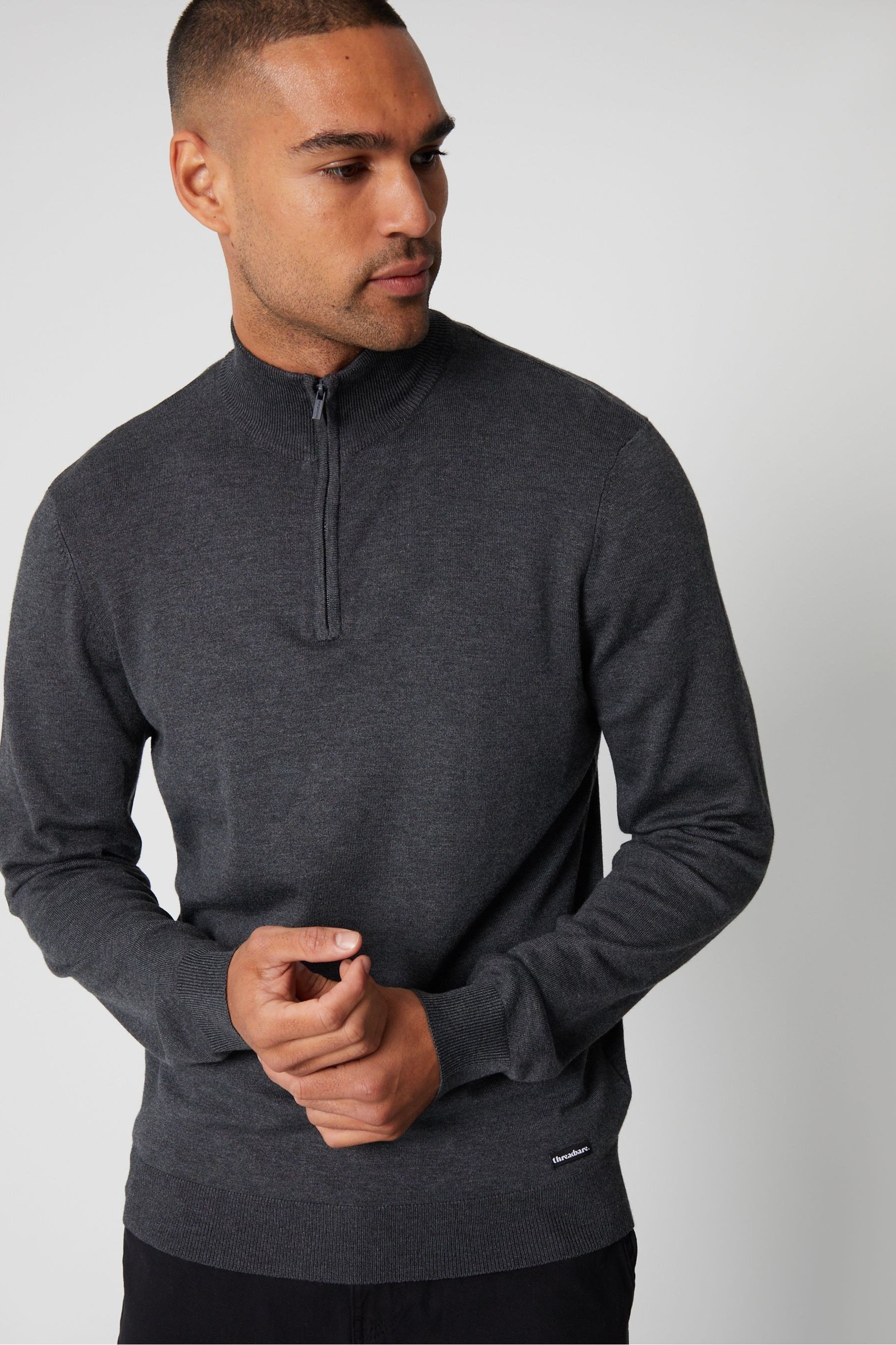 Buy Threadbare Grey Funnel Quarter Zip Knitted Jumper from the Next UK ...