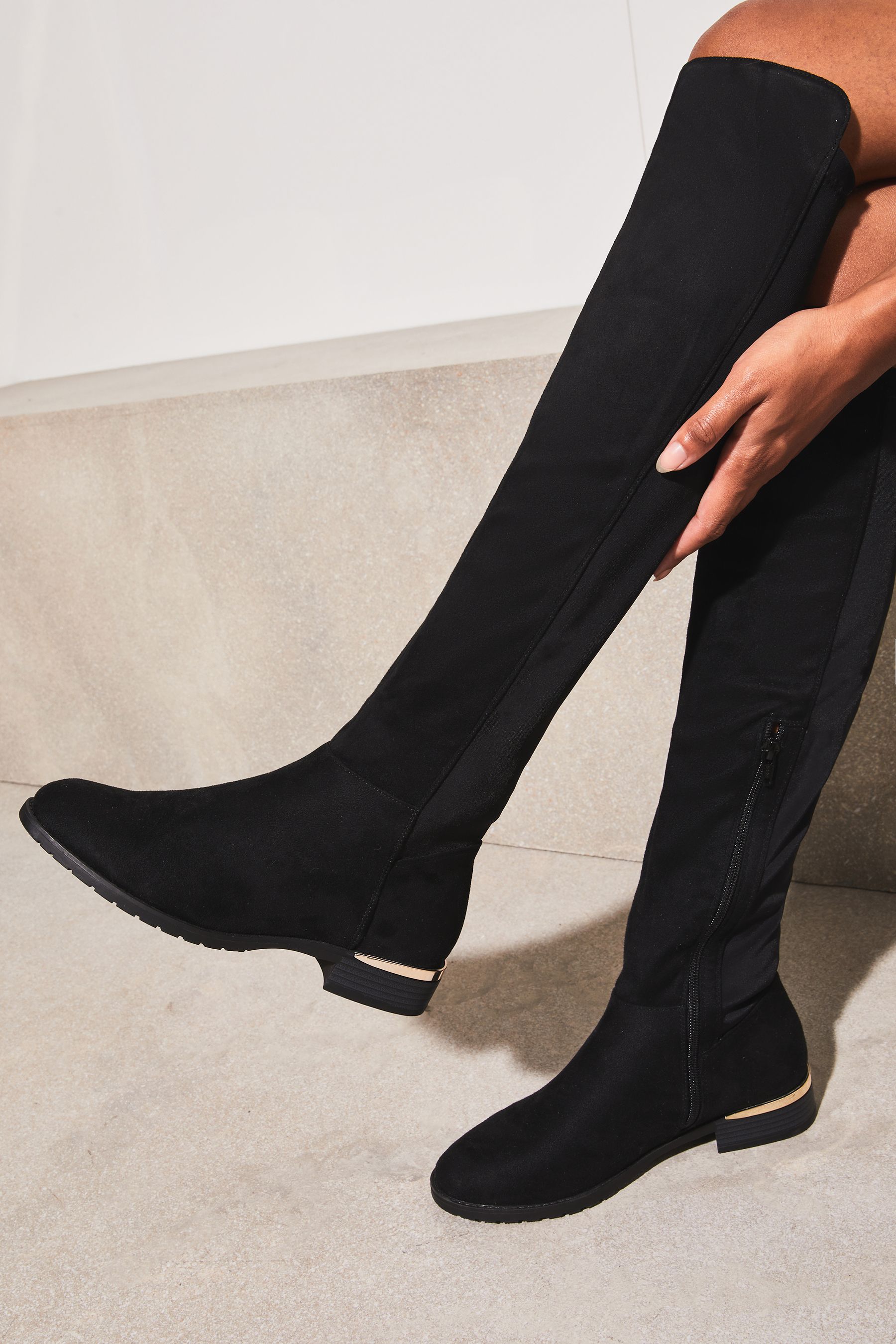 Buy Lipsy Black Extra Wide Fit Flat Long Knee Faux Suedette Boot from ...