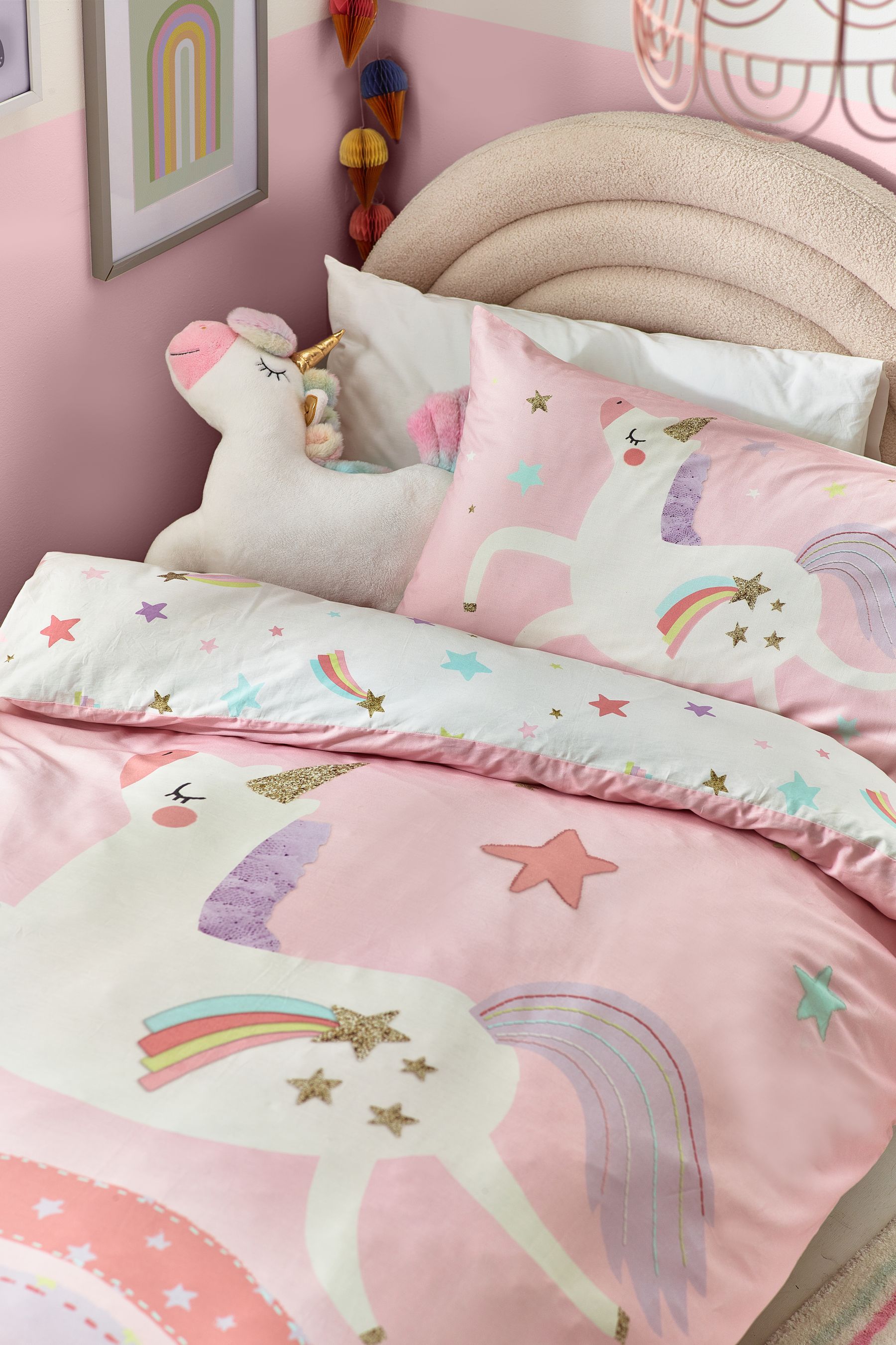 Buy Pink 100% Cotton Printed Bedding Duvet Cover and Pillowcase Set ...