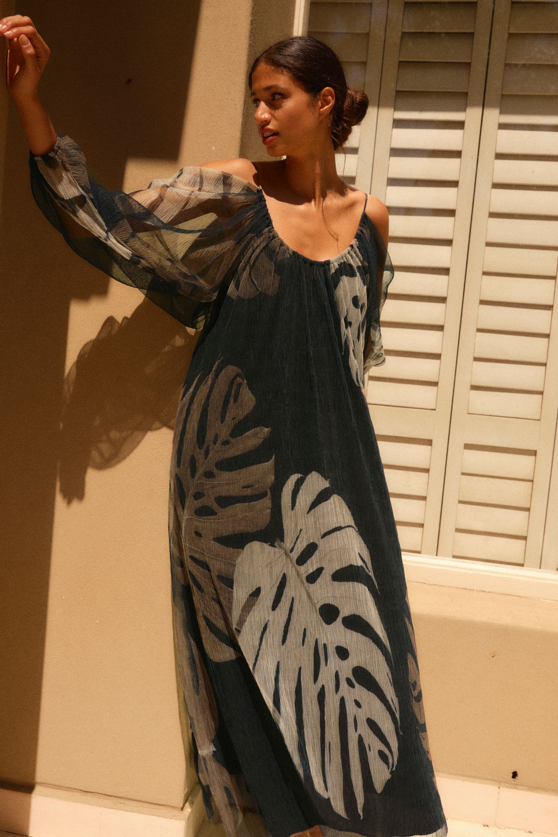 Buy Black Palm Leaf Print Crinkle Mesh Volume Cami Maxi Dress from Next ...