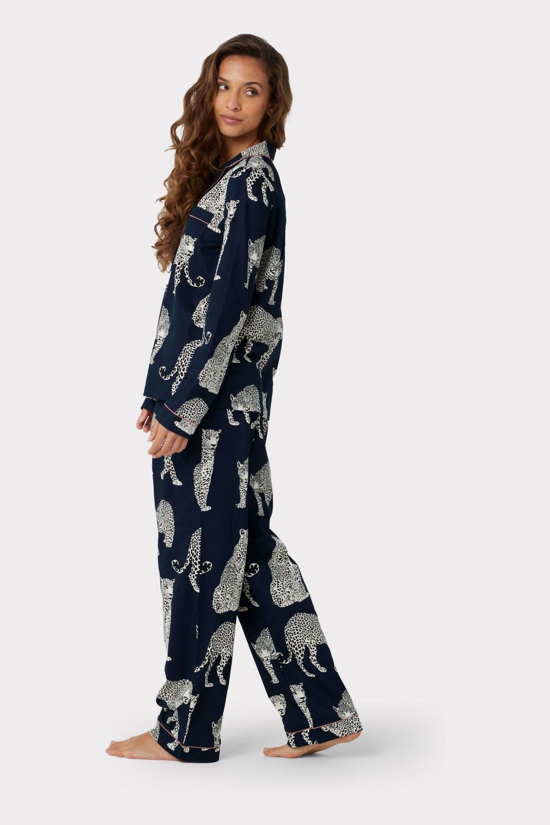 Buy Chelsea Peers Blue Organic Cotton Navy Leopard Print Pyjama Set ...