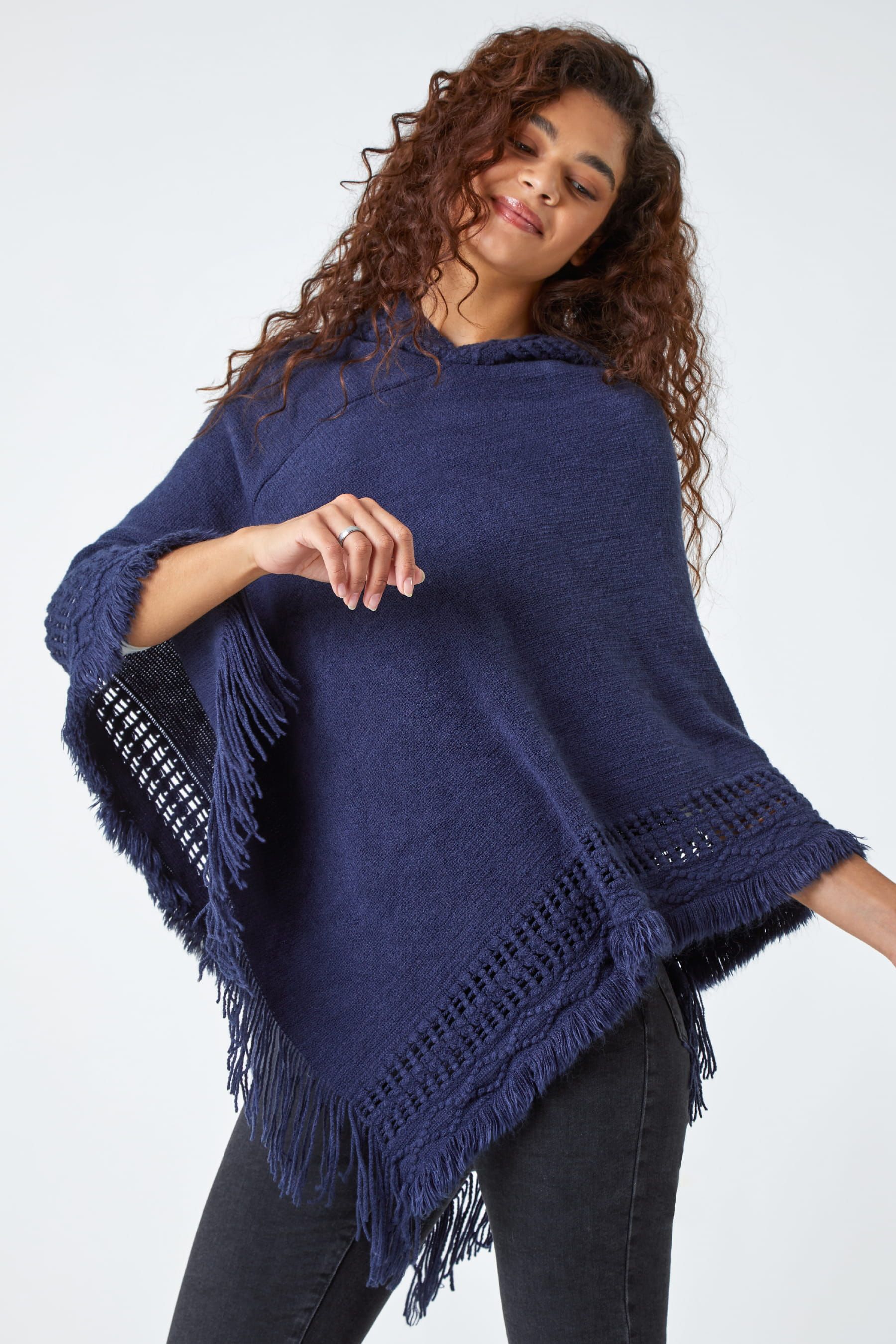 Buy Roman Blue Hooded Tassel Hem Knit Poncho from the Next UK online shop