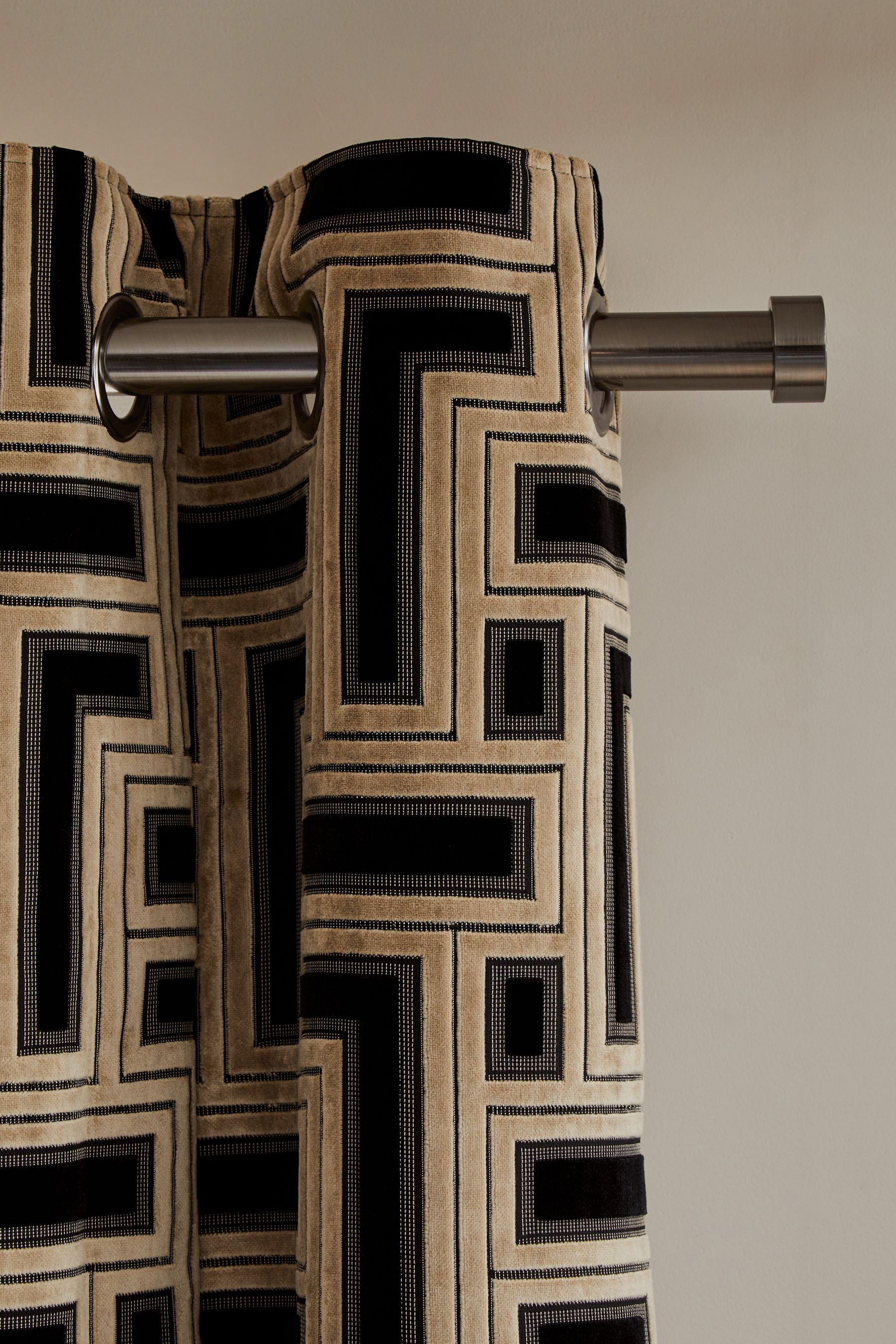 Buy Black/Champagne Gold Collection Luxe Heavyweight Cut Velvet Geometric Eyelet Lined Curtains ...