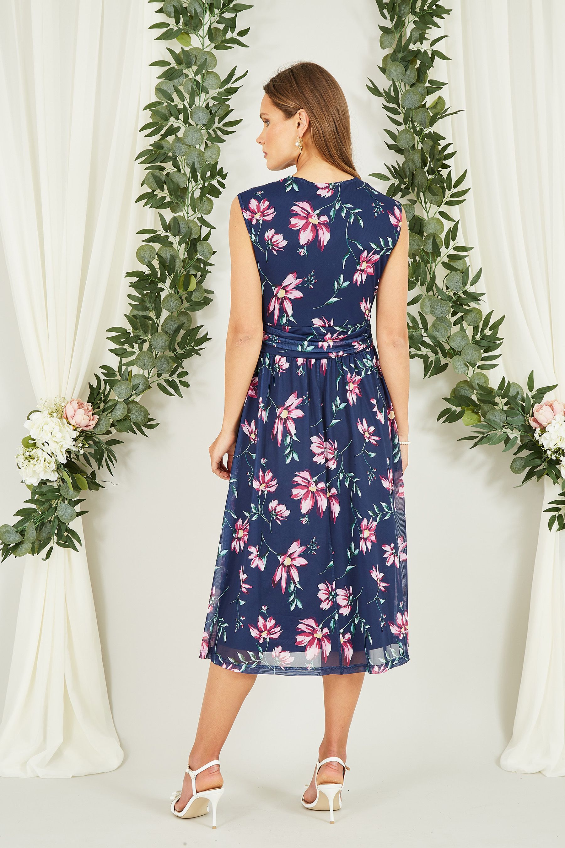 Buy Yumi Blue Floral Print Mesh Stretch Midi Dress With Pockets from ...