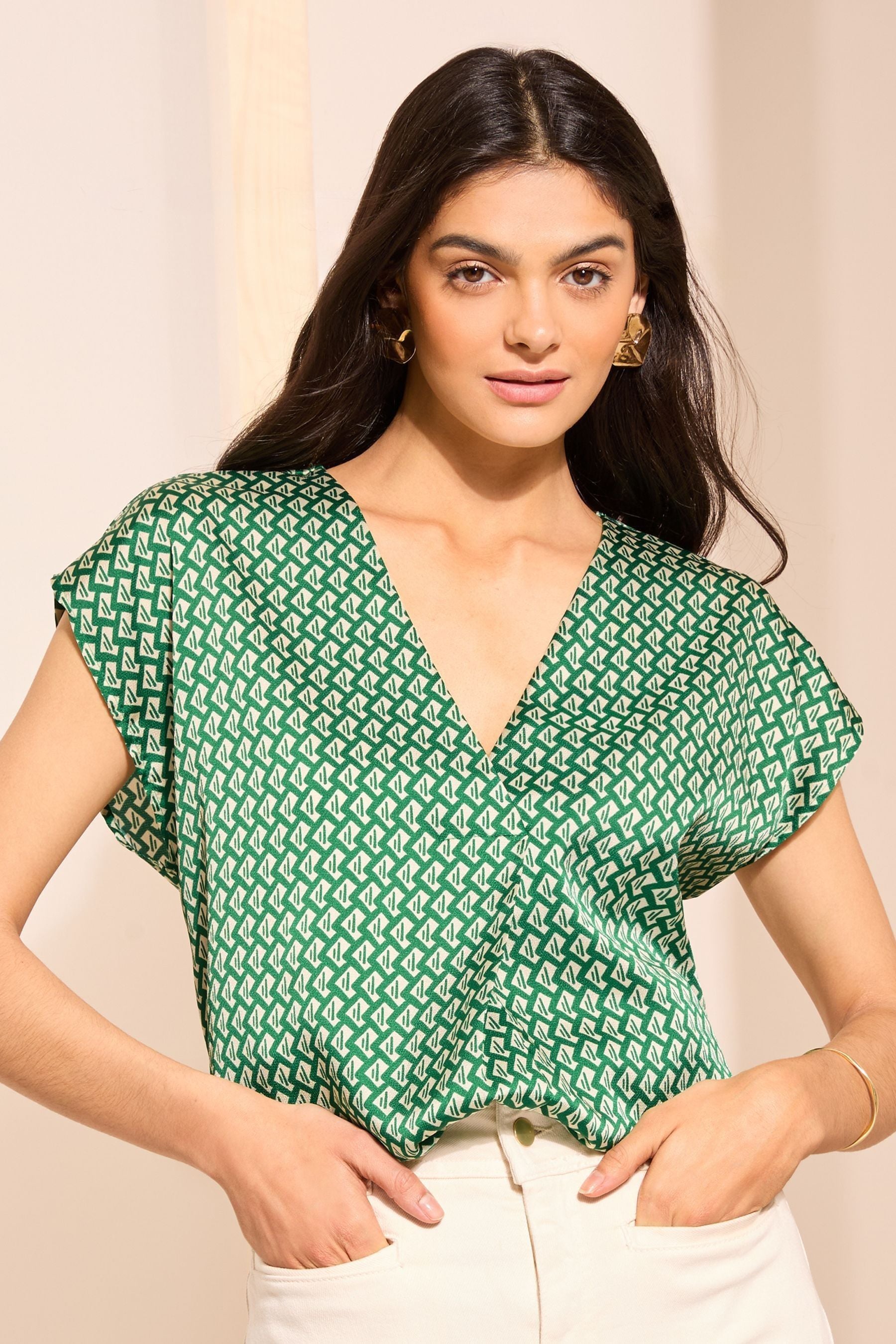 Buy Friends Like These Green Short Sleeve V Neck Woven Blouse from the ...