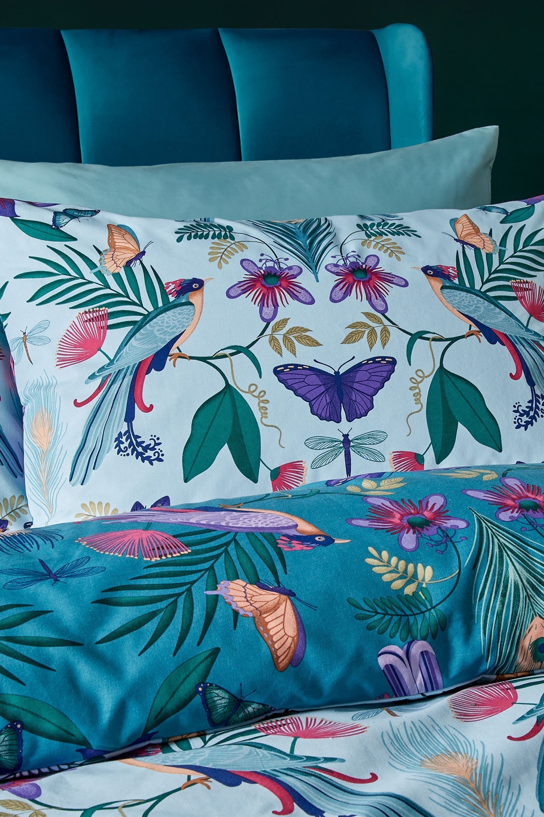 Buy Catherine Lansfield Teal Blue Mya Tropical Floral Reversible Duvet ...