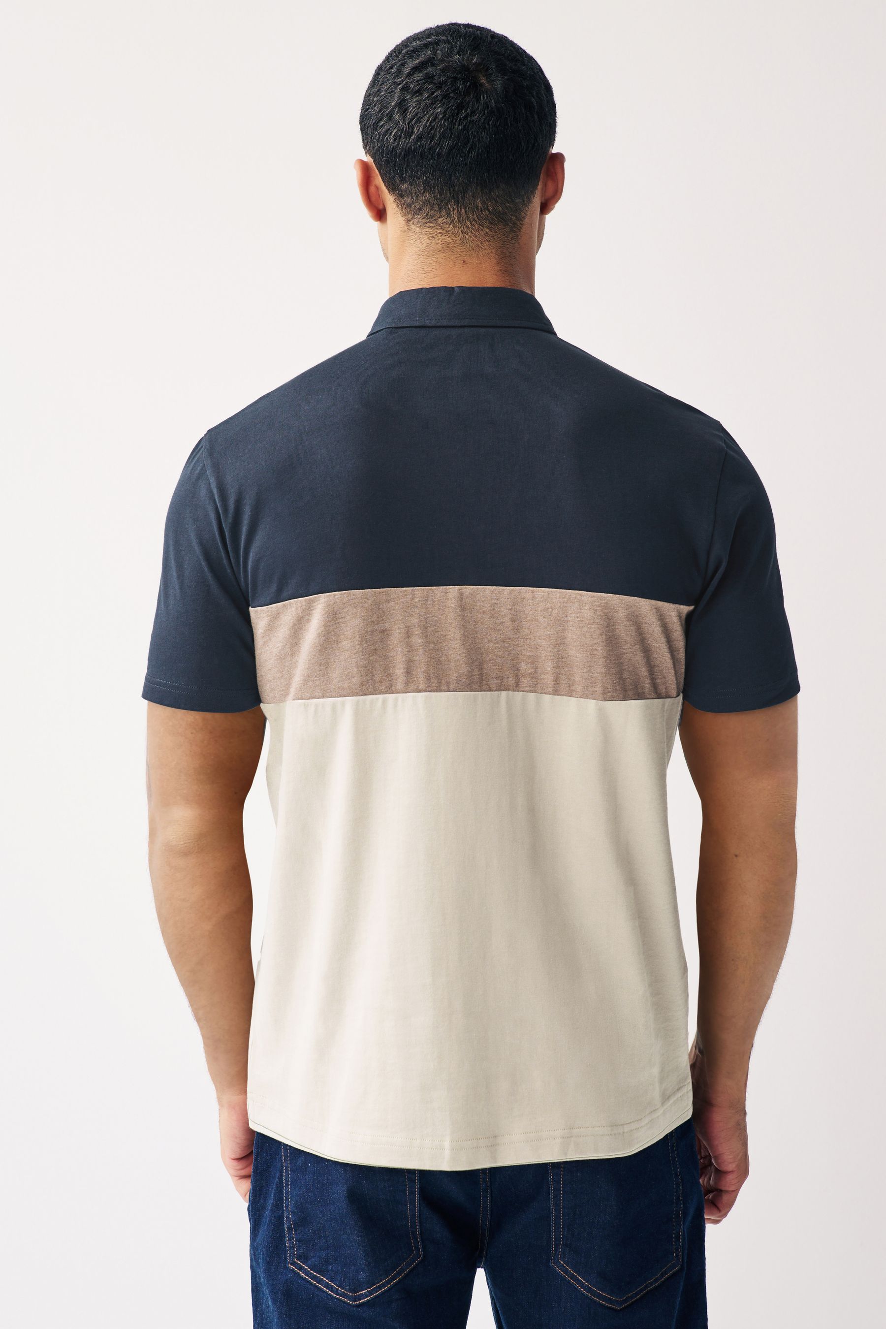 Buy Navy Blue/Neutral Short Sleeve Button Up Block Polo Shirt from the ...