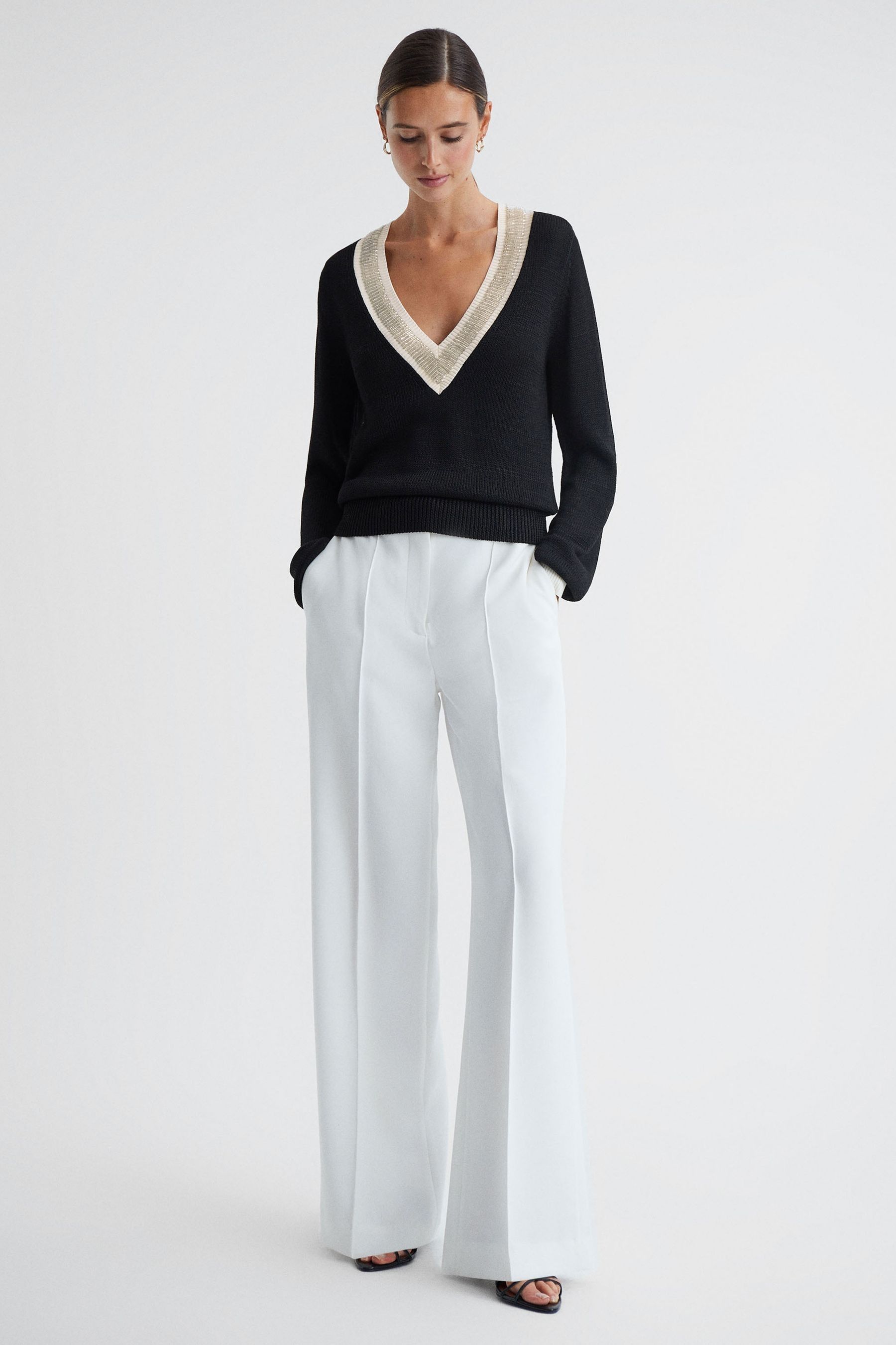 Buy Reiss Black/Cream Courtney Contrast Trim Embellished V-Neck Jumper ...