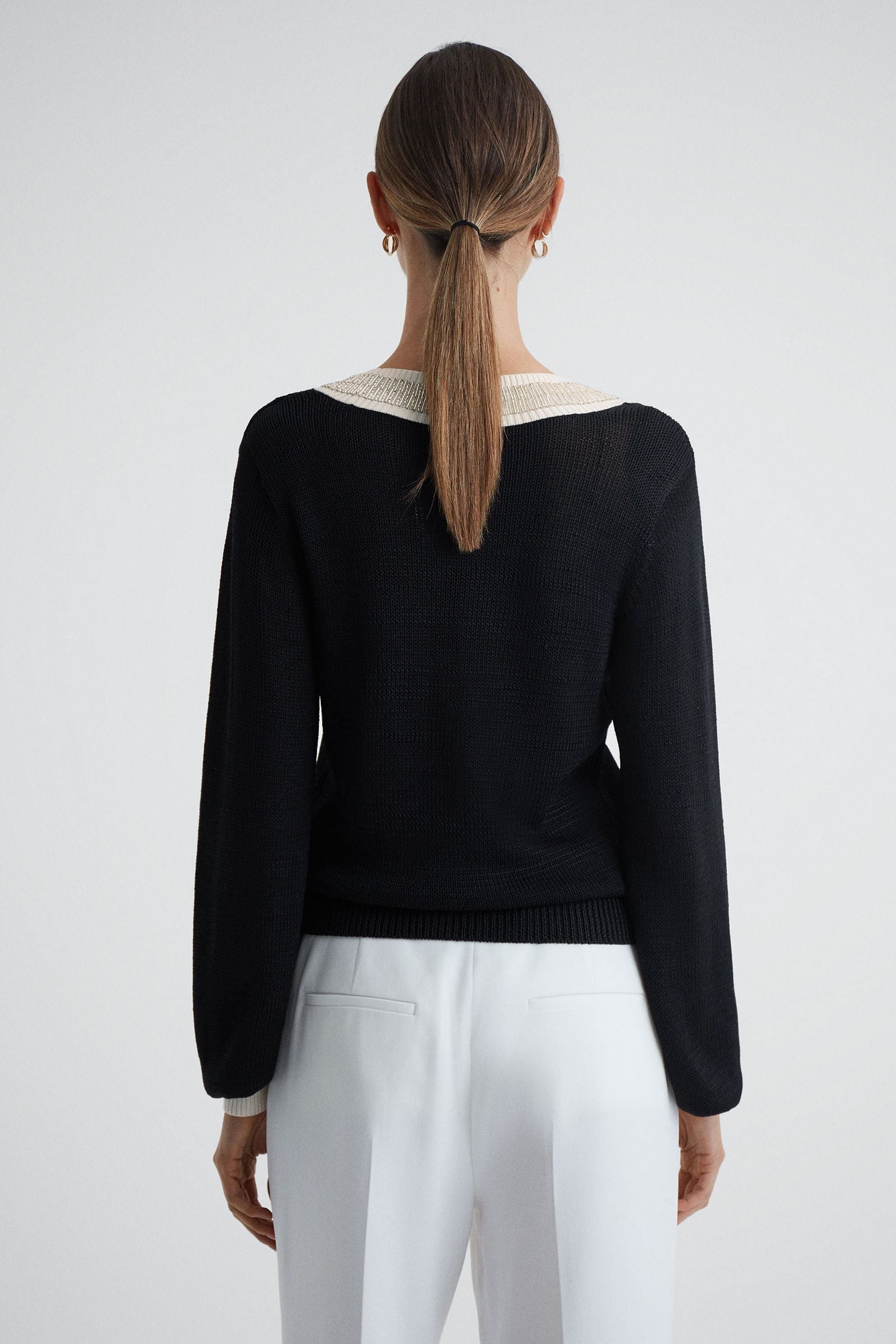 Buy Reiss Black/Cream Courtney Contrast Trim Embellished V-Neck Jumper ...
