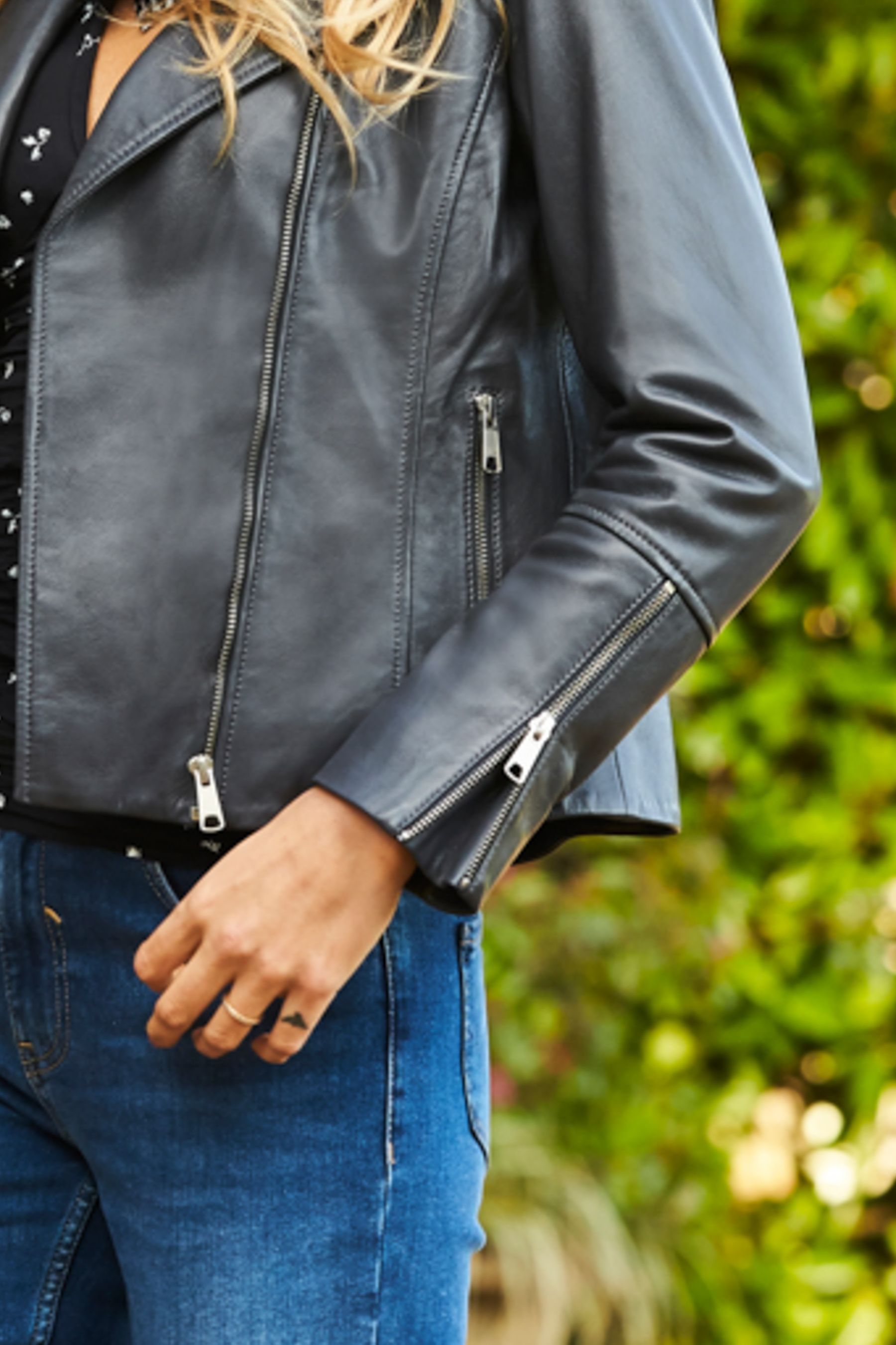 Buy Sosandar Grey Leather Biker Jacket from the Next UK online shop