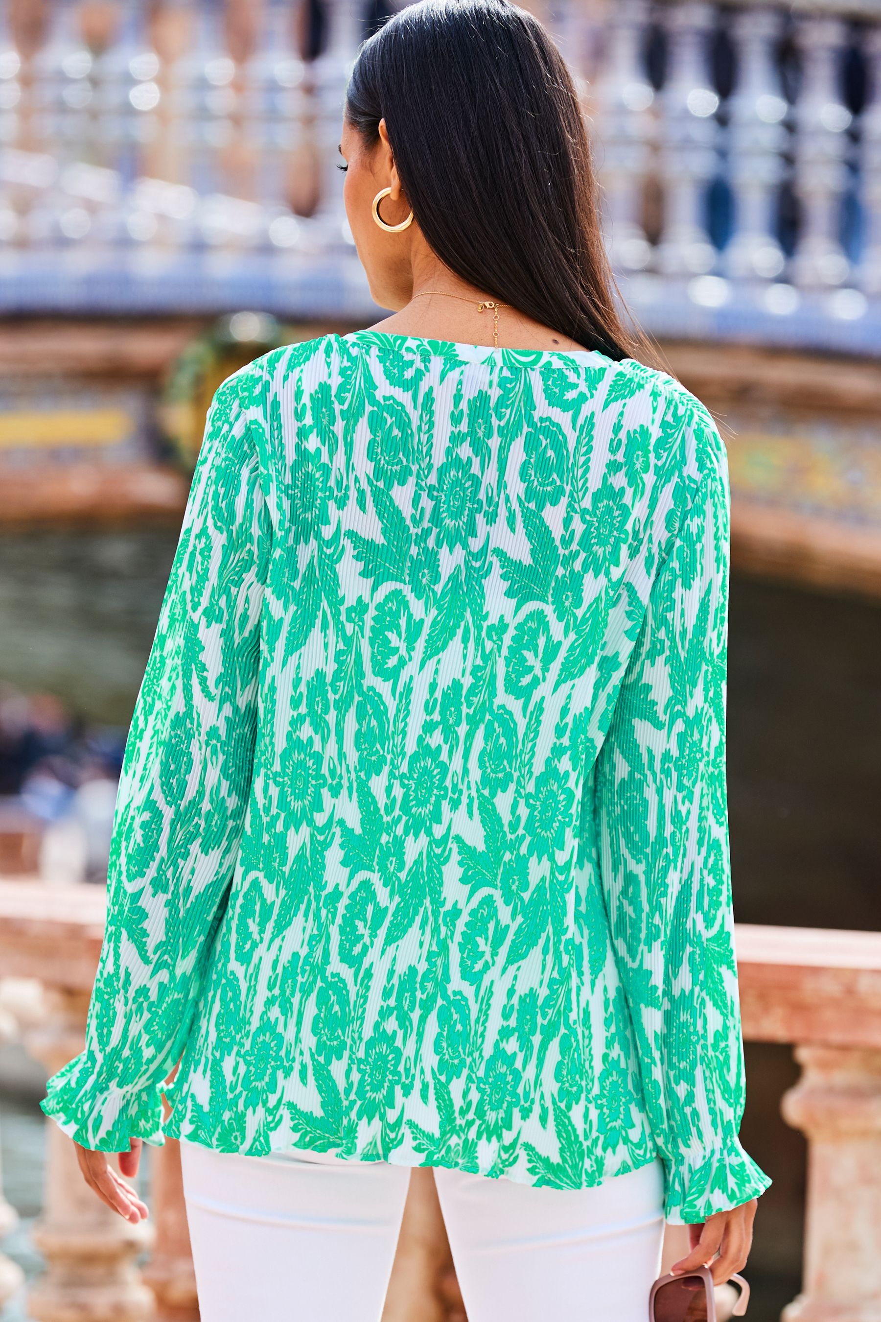 Buy Sosandar Green Floral Print Plisse Tie Neck Blouse from the Next UK ...