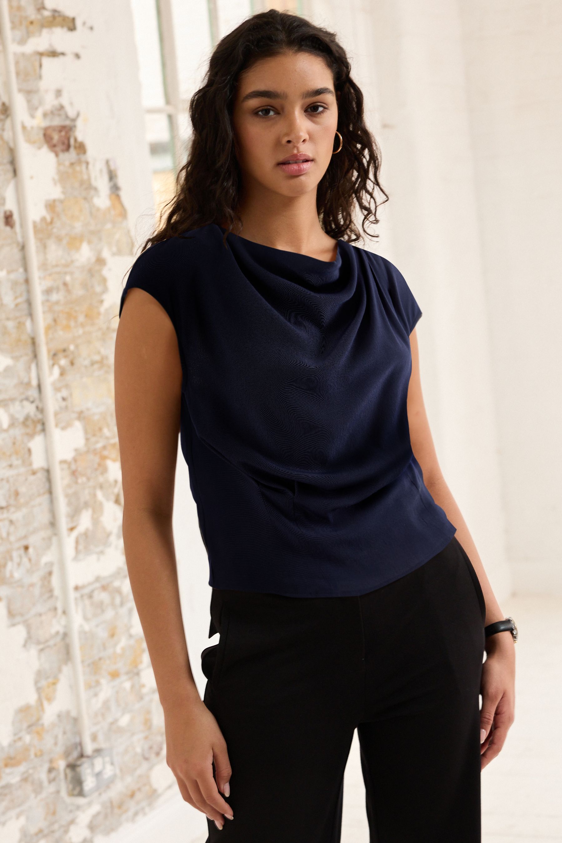 Buy Navy Blue Cowl Neck Cap Sleeve Top from Next Ireland