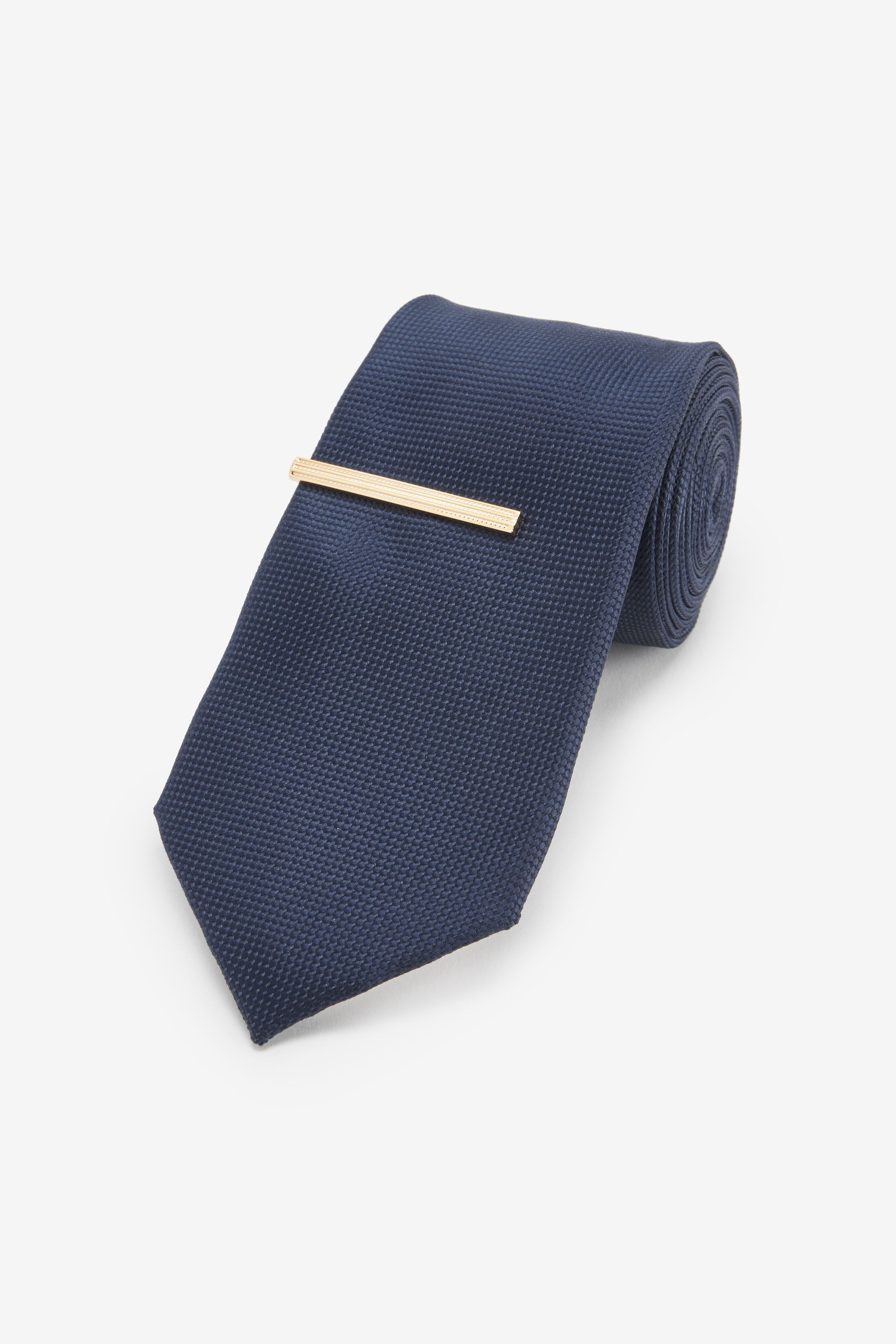 Buy Navy Blue/Tan Brown Textured Tie With Tie Clips 2 Pack from the ...