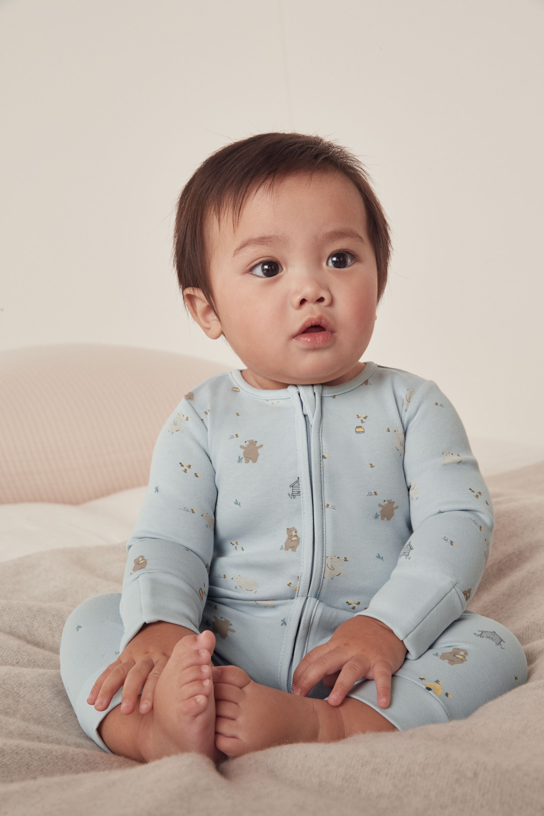 Buy The White Company Blue 100% Cotton Honey Bear Print Zip Sleepsuit ...