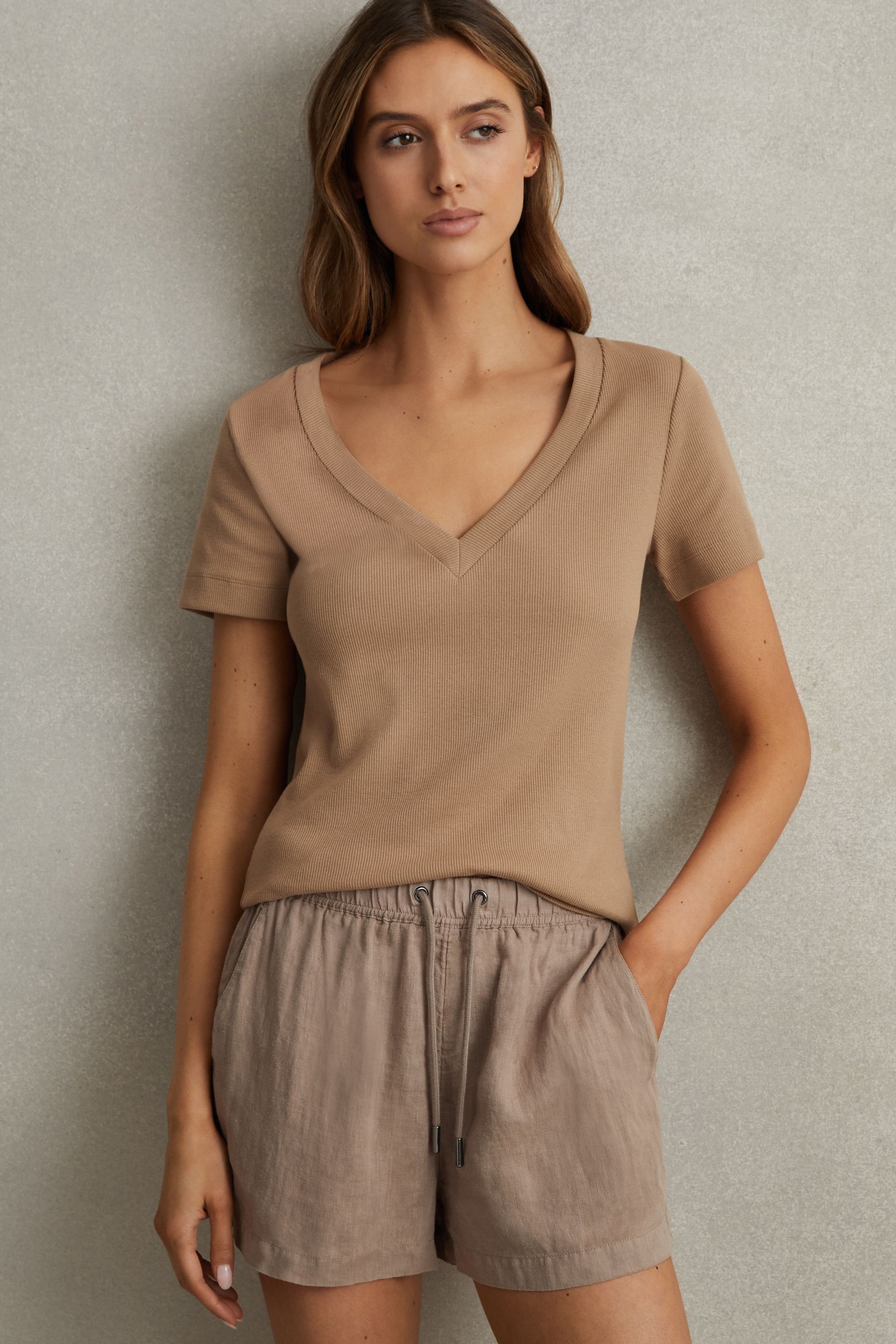 Buy Reiss Camel Becca Cotton Blend Ribbed V-Neck Top from the Next UK ...