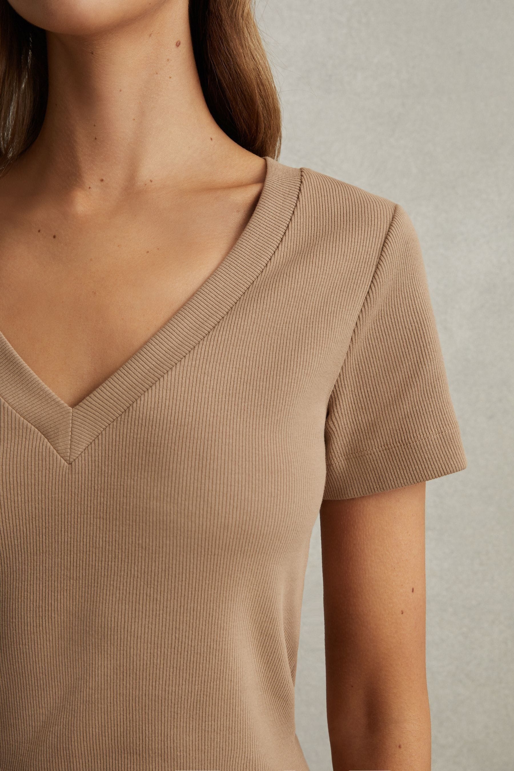 Buy Reiss Camel Becca Cotton Blend Ribbed V-Neck Top from the Next UK ...